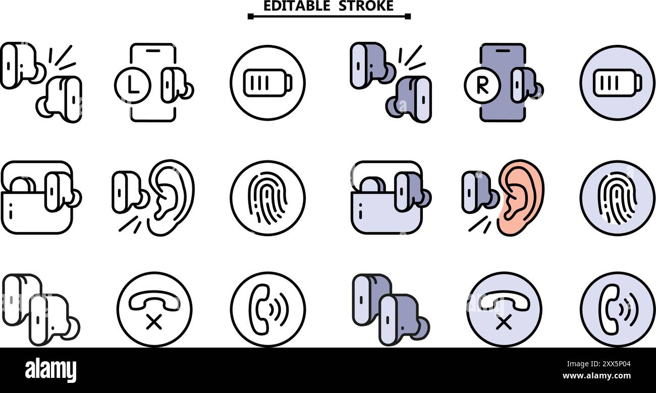 Wireless earbud color icons set. Editable stroke. Vector simple icon ...