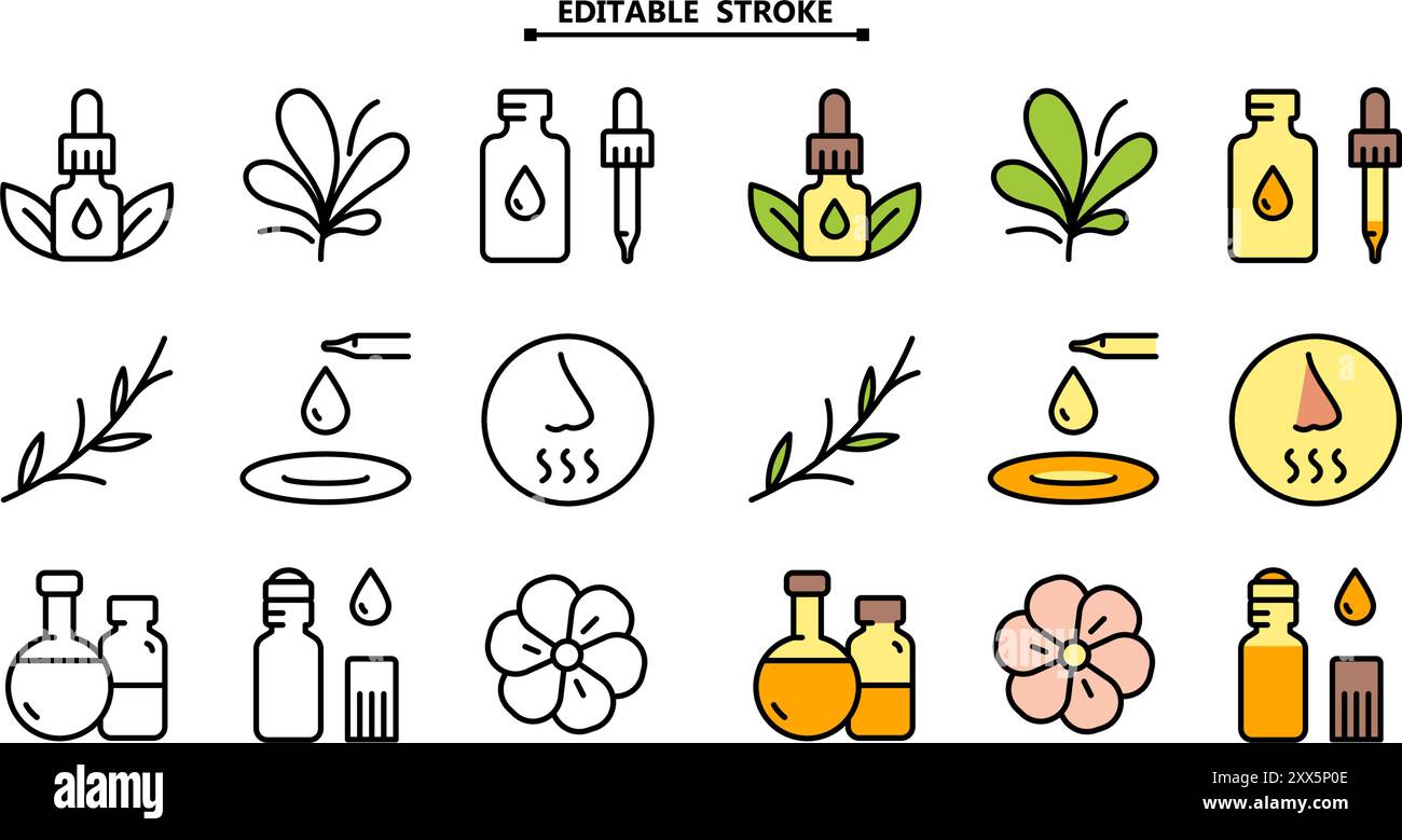 Essential oils aromatherapy color icons set. Editable stroke. Outline ...