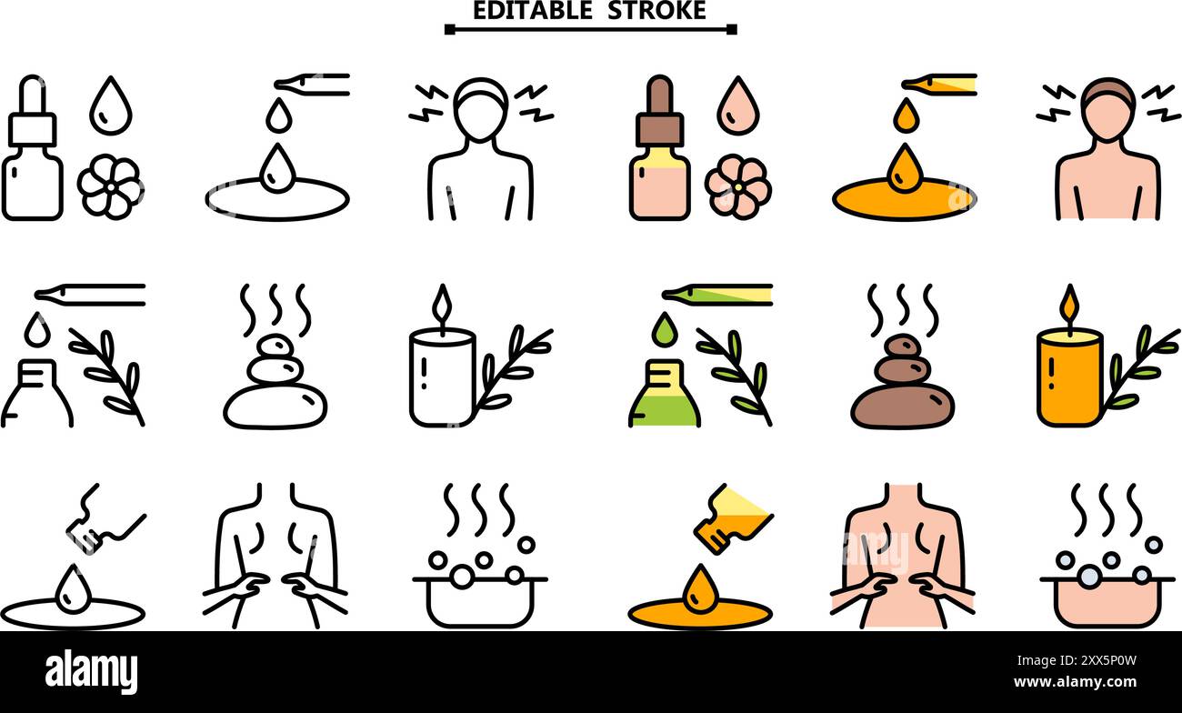 Essential oils aromatherapy icons set. Editable stroke. Collection of ...