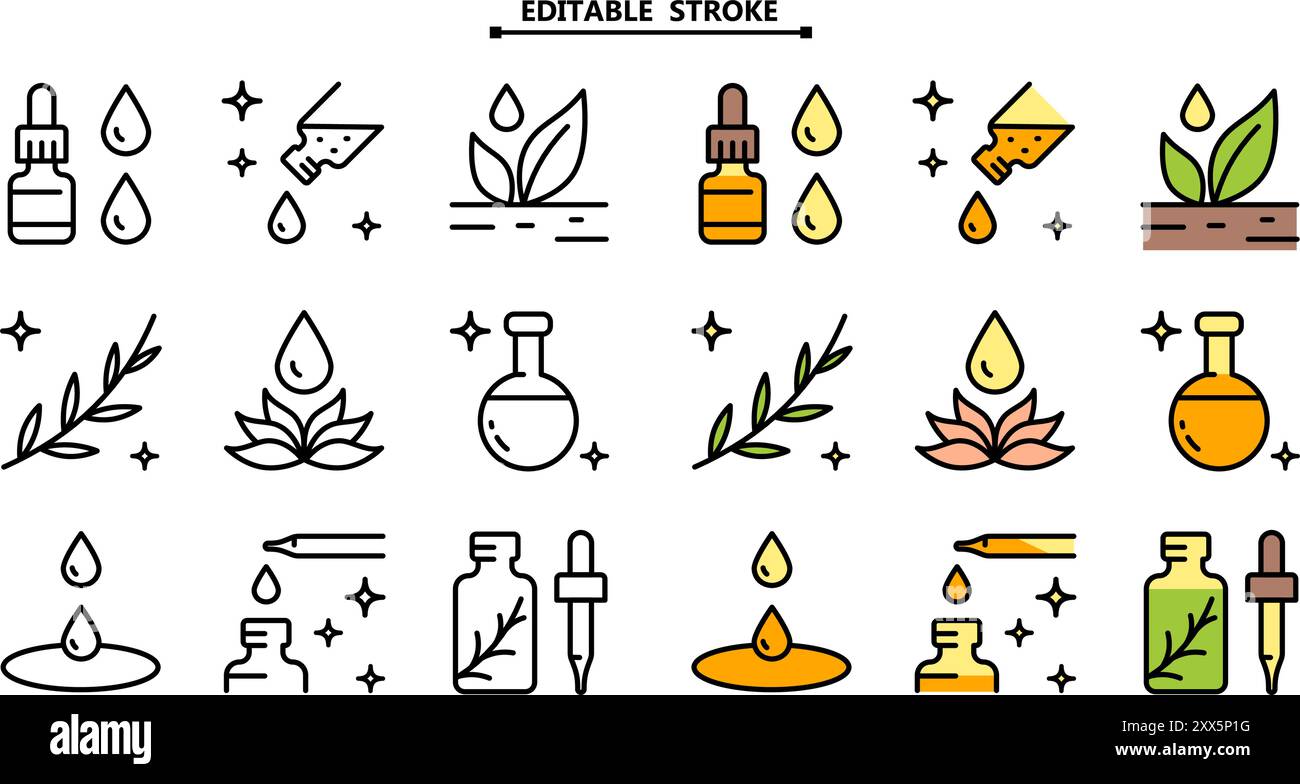 Essential oils aromatherapy color icons set. Collection of essential ...