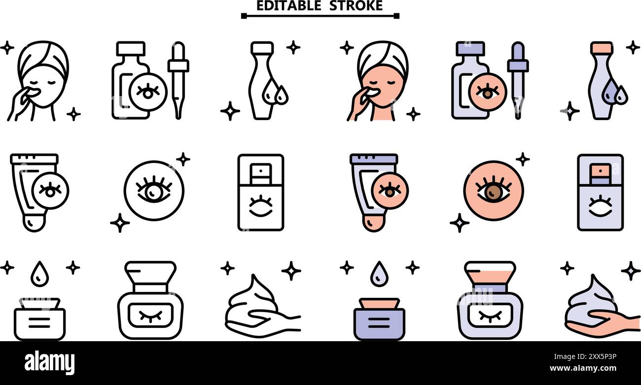Eye Cream color icons set. Editable stroke. Skin care flat symbols ...