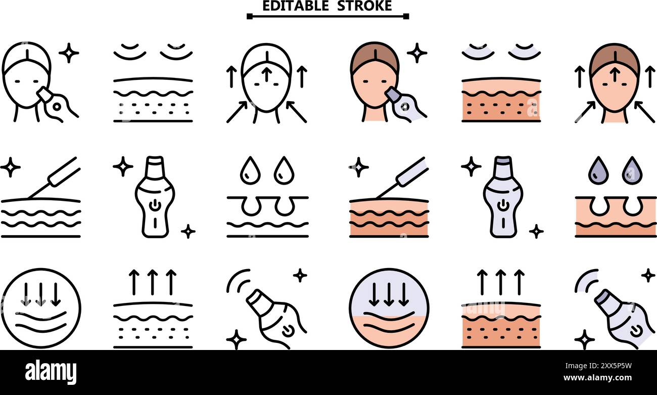 Skin Care icons set. Editable stroke. Facial Skin Cleaner icons set ...