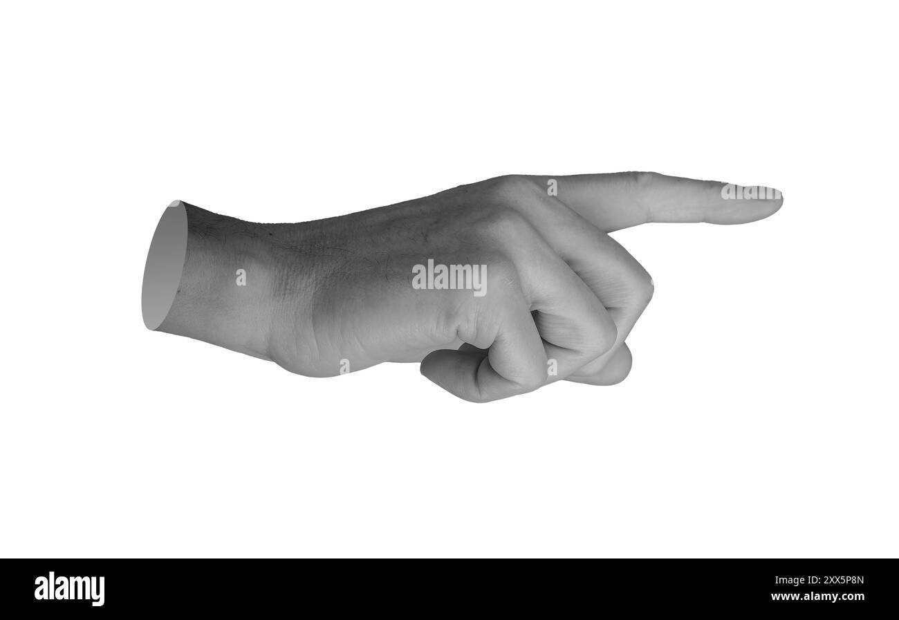 Finger pointing gesture, touching, showing. Index finger, pointer indicating aside, to right ...