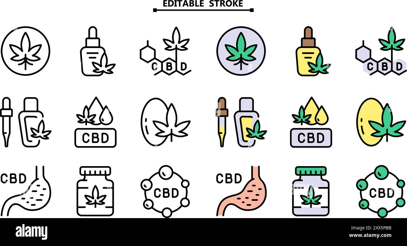 Open hand with marijuana leaf icons set. Editable stroke. Cannabidiol ...
