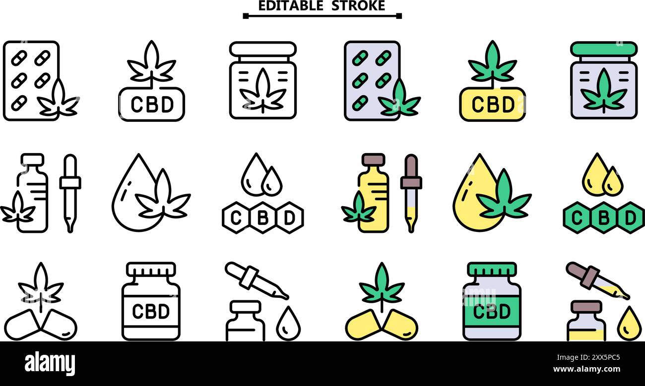 Cannabis leaf vector icons set. Editable stroke. Marijuana logo symbols ...
