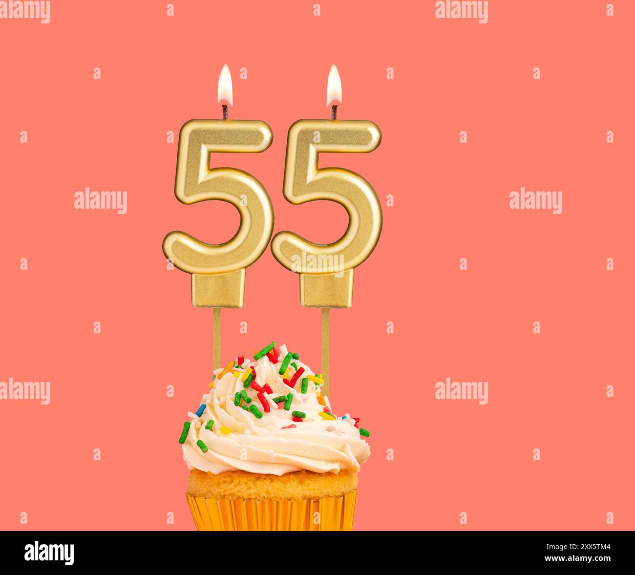 Birthday number 55 - Golden candle with cupcake Stock Photo - Alamy