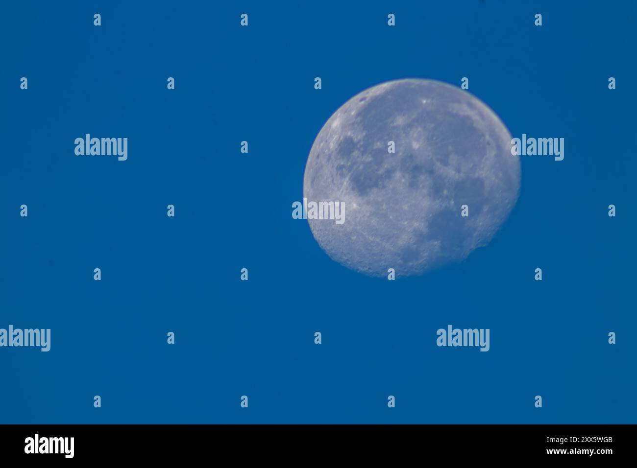 A nearly full moon against a clear blue sky during daylight hours. The ...