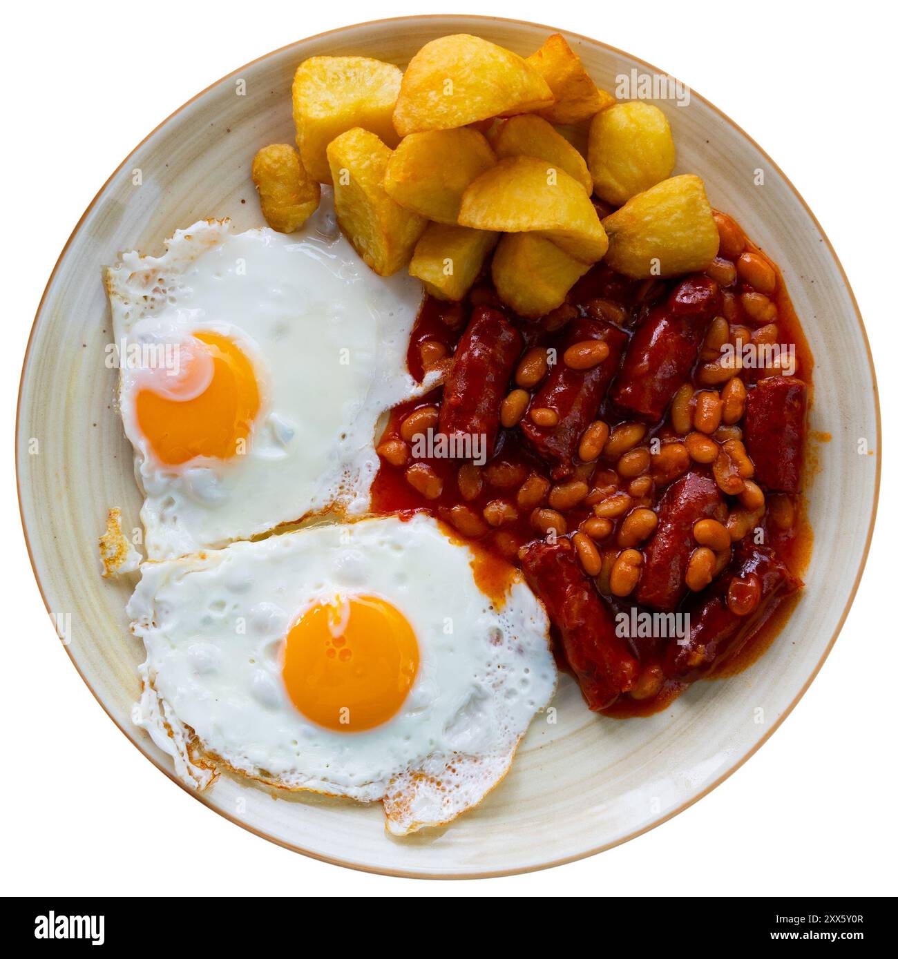 English breakfast of fried eggs, fries, beans and sausages Stock Photo ...