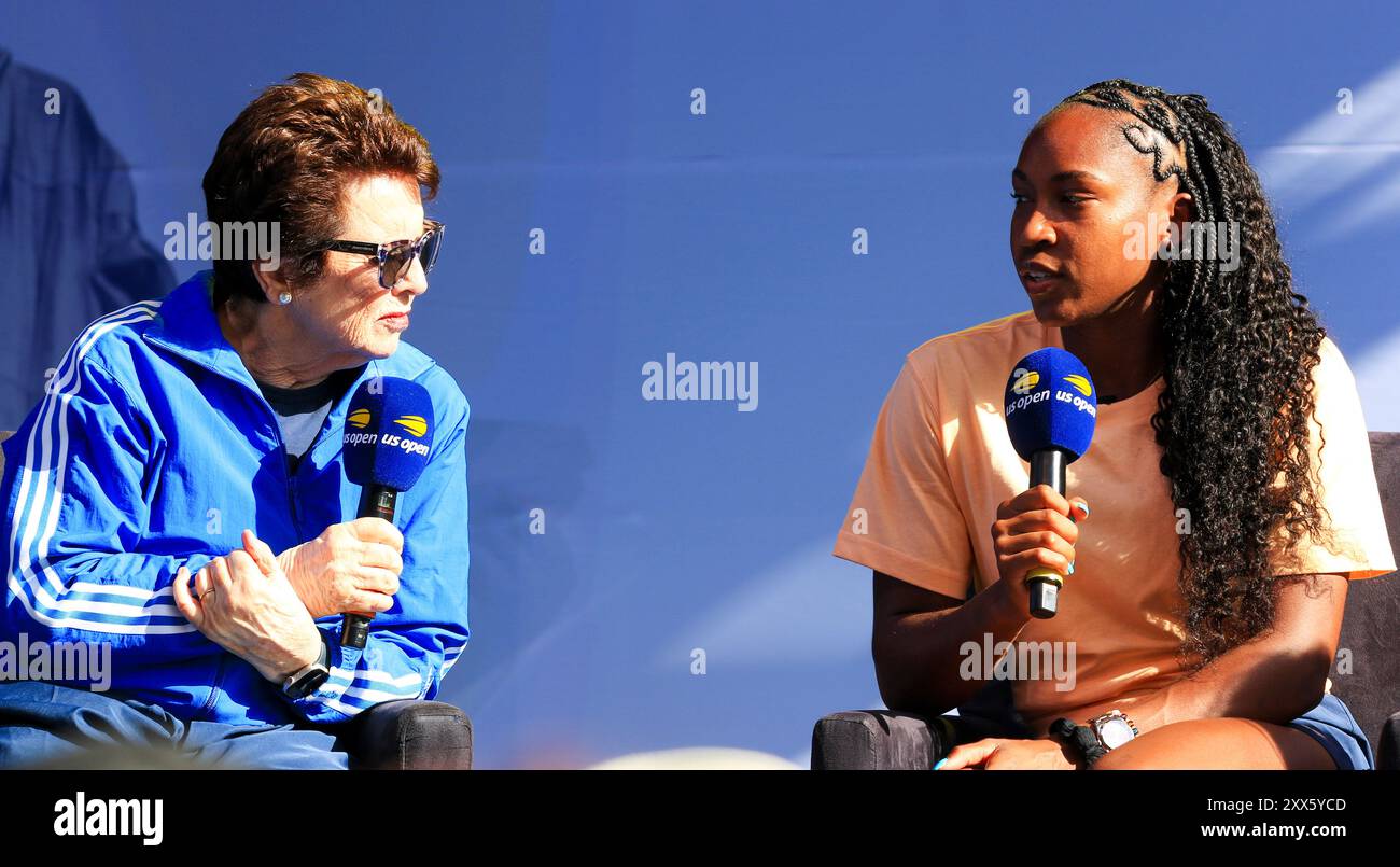 Queens, New York, USA - 20 August 2024: Billie Jean King engages in a ...