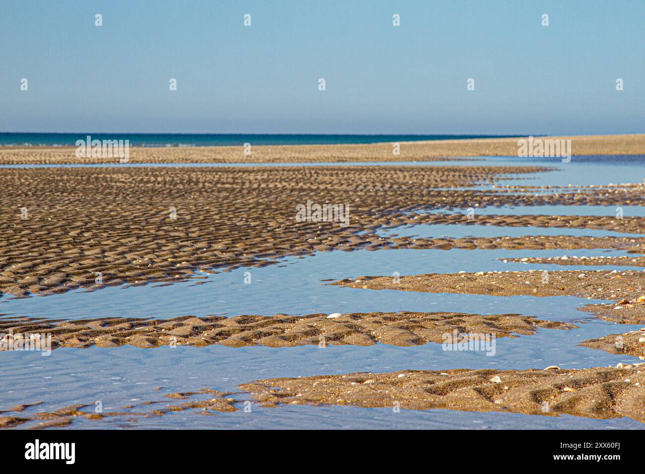 Beautiful seascape of a beach with small ponds in the sand and an ocean ...