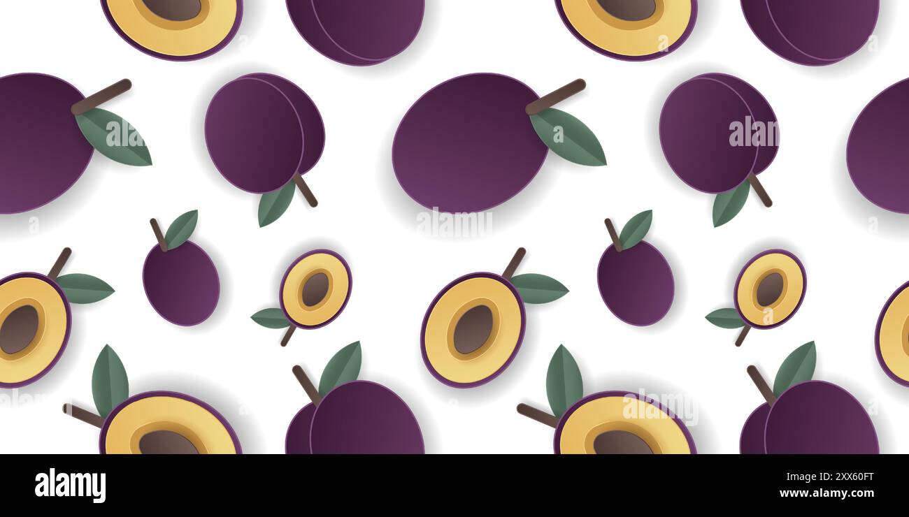 Seamless pattern 3d papercut plum sliced cutout fruit Stock Vector ...