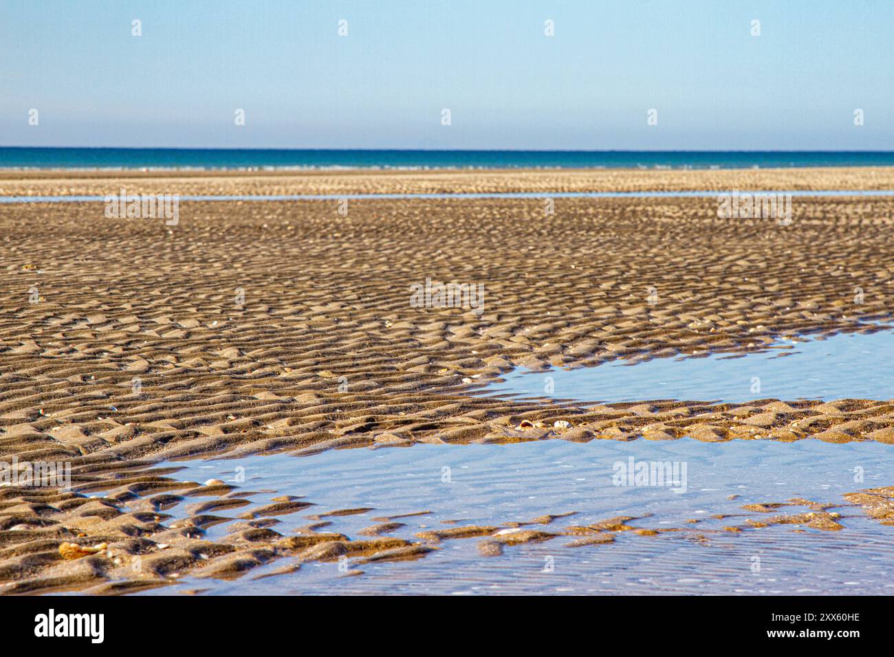 Beautiful seascape of a beach with small ponds in the sand and an ocean ...