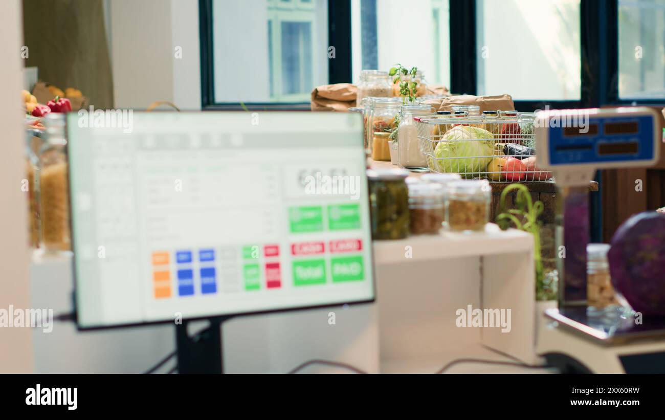 Low carbon footprint food in local supermarket, checkout counter with ...