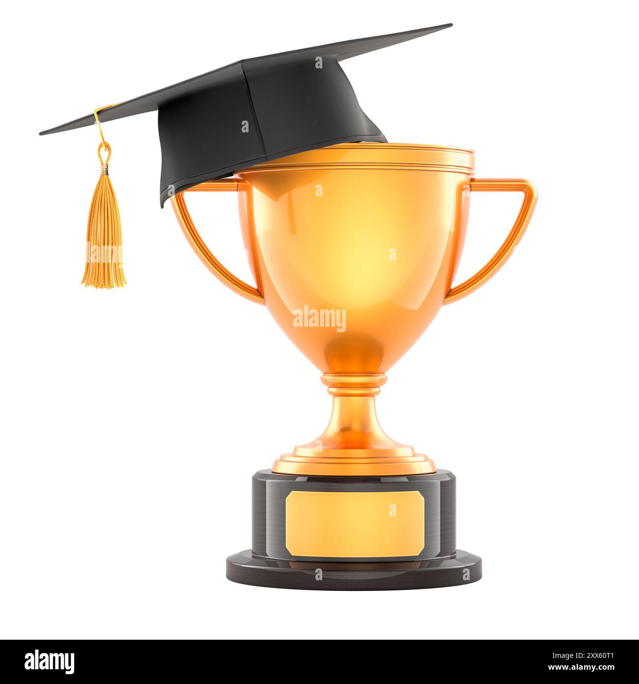 Gold trophy cup award with graduation cap, 3D rendering isolated on ...