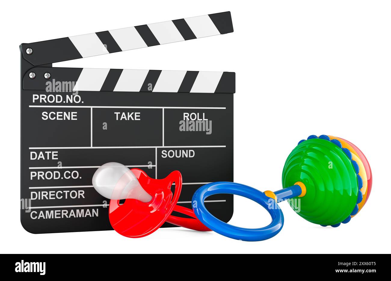 Clapperboard with baby pacifier and baby rattle, 3D rendering isolated ...