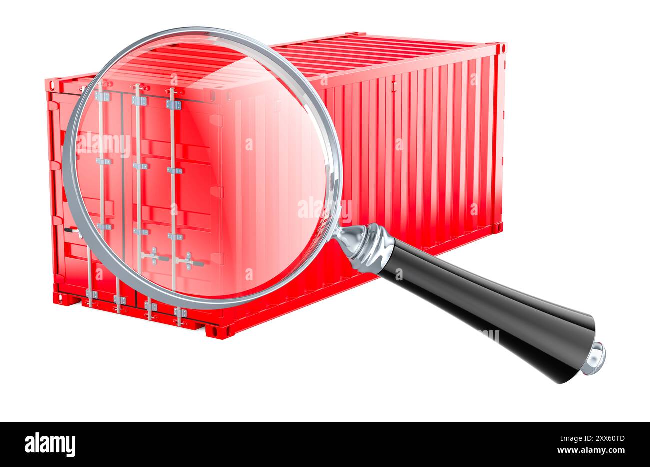 Cargo container with magnifying glass, loupe. 3D rendering isolated on ...