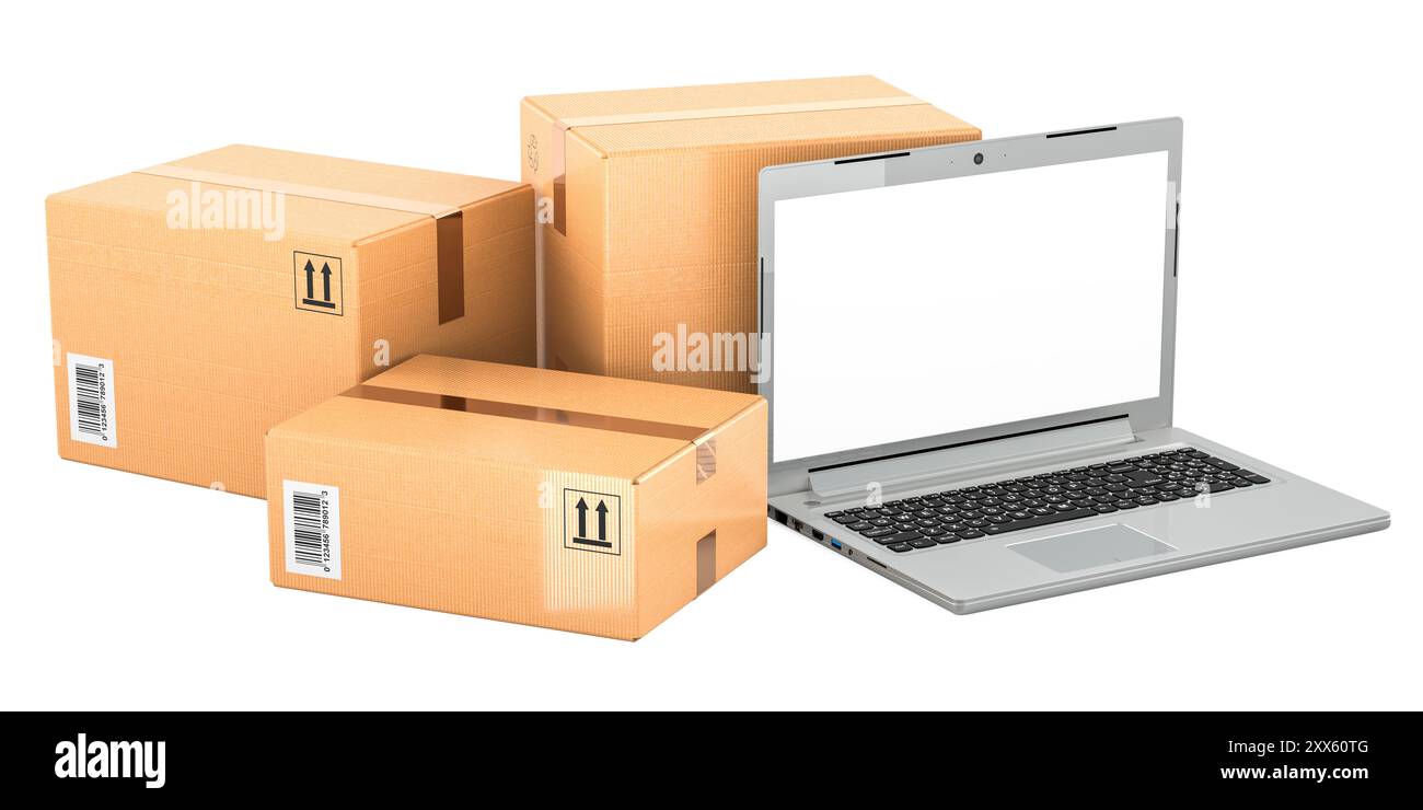 Laptop computer with parcels, 3D rendering isolated on white background ...