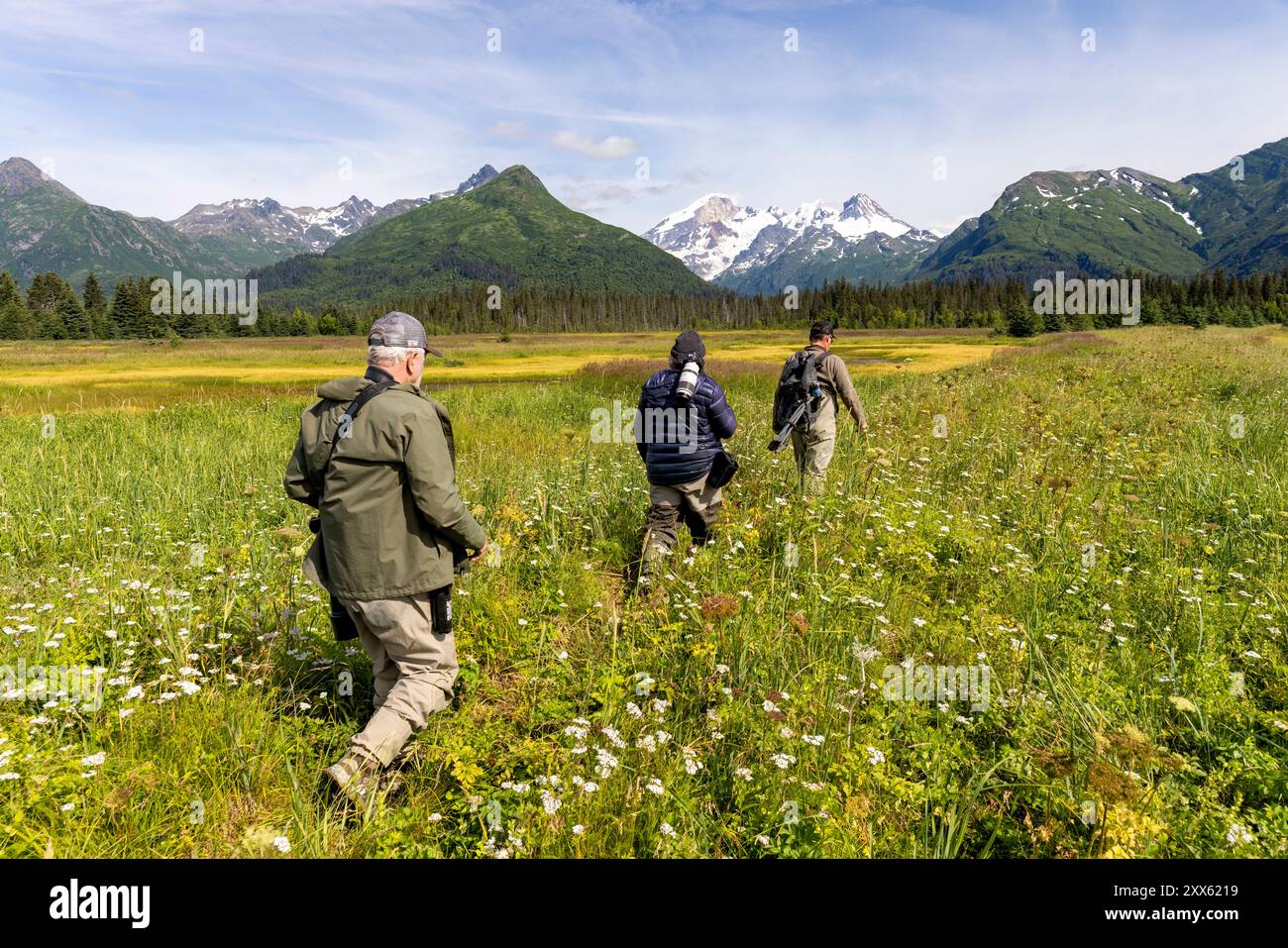People hiking at Brown Bear Bay with Mount Iliamna in the background ...