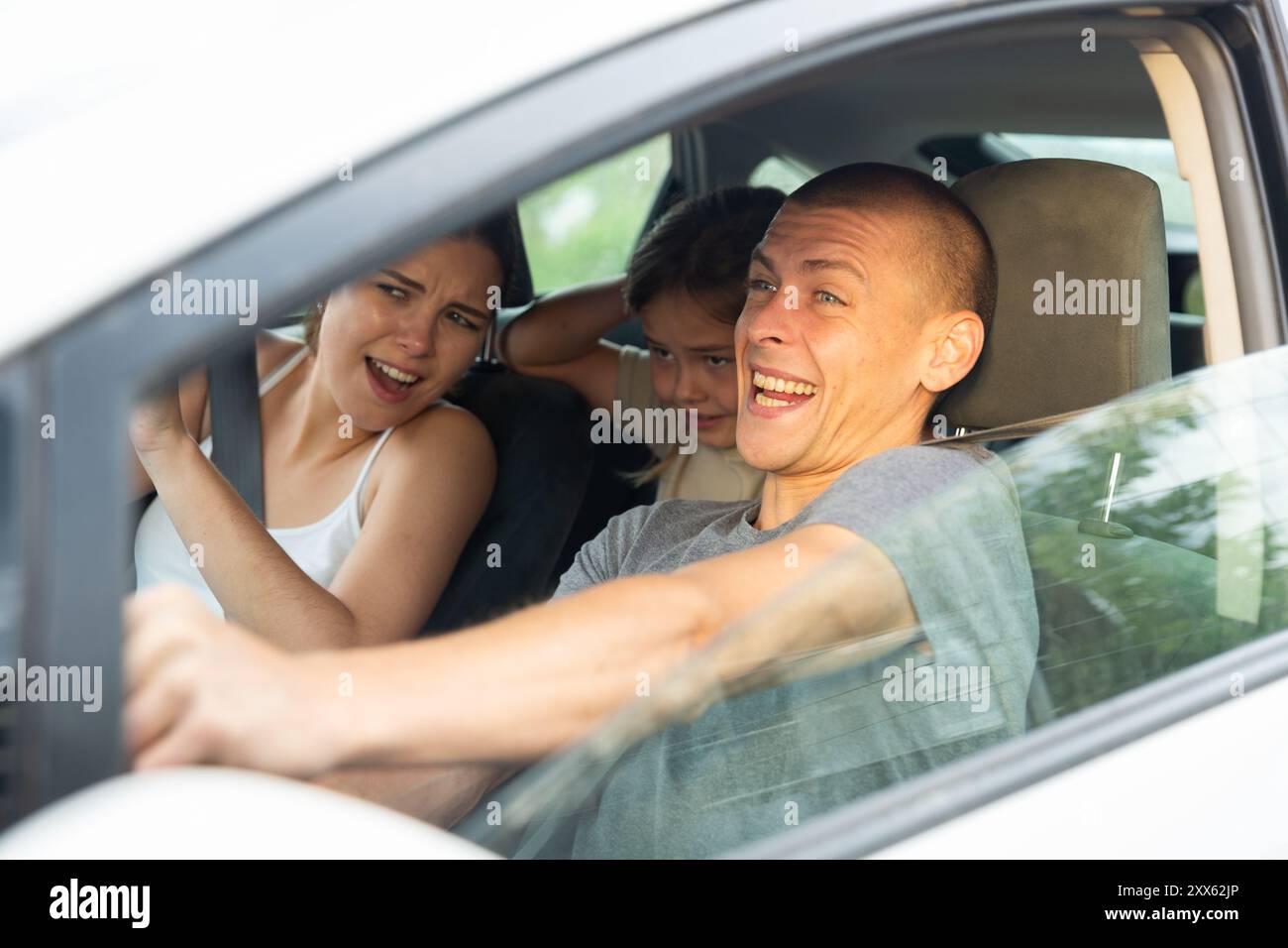 Driver and passengers scared screaming in the car before accident. Road ...