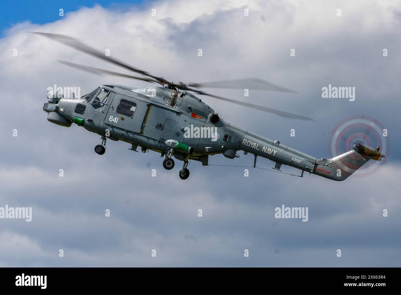 Royal Navy Lynx combat helicopter flying at Kemble Airshow in 2010 ...