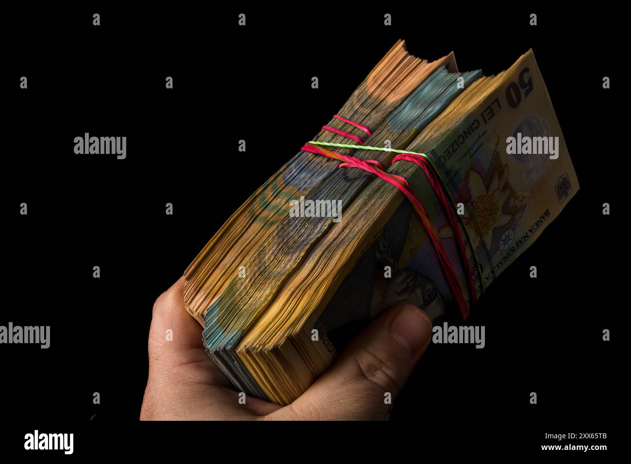 LEI money banknotes, detail photo of RON. Romanian currency Stock Photo ...