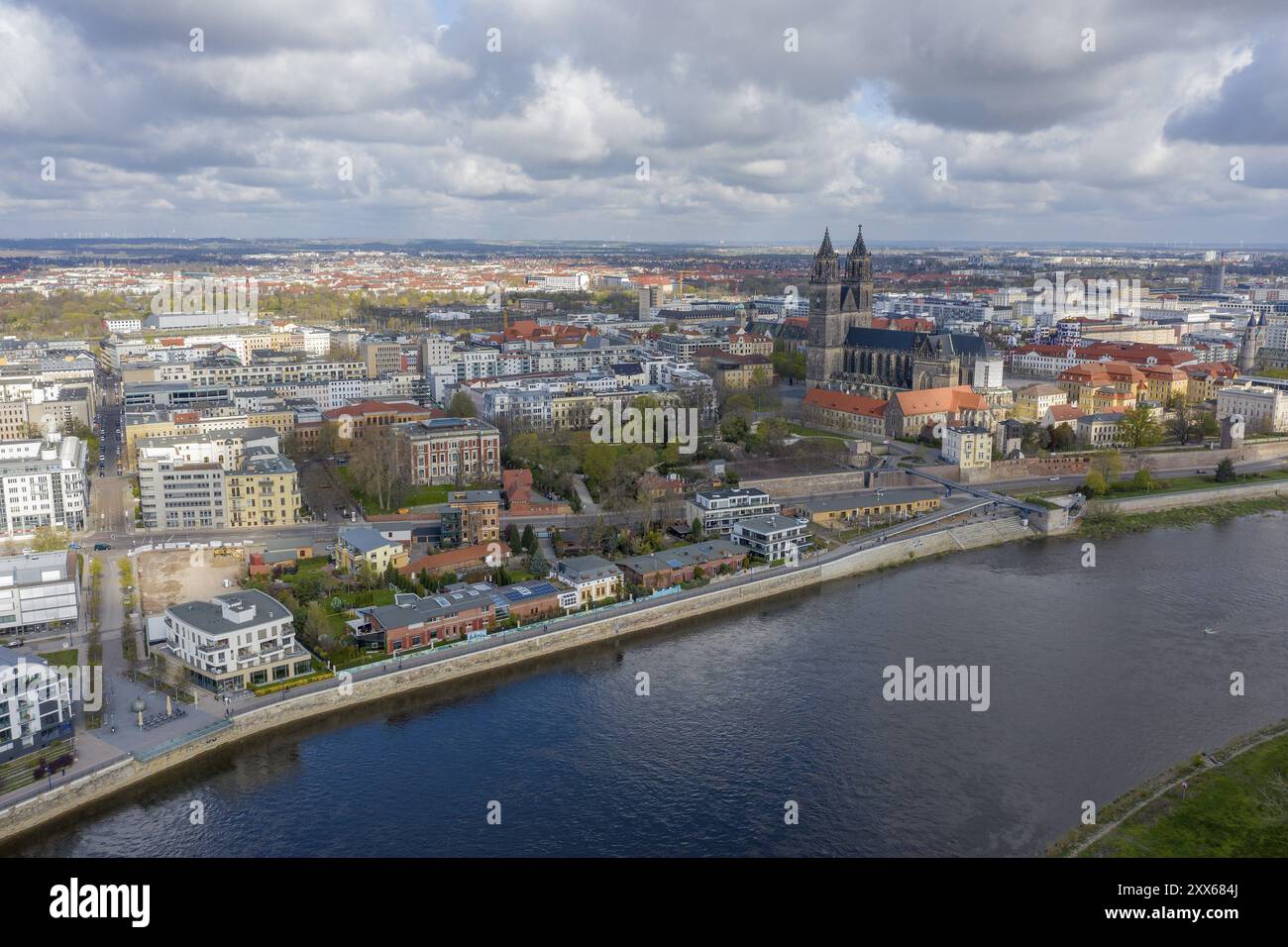 Magdeburg with cathedral, state parliament building, Hunderwasser house ...