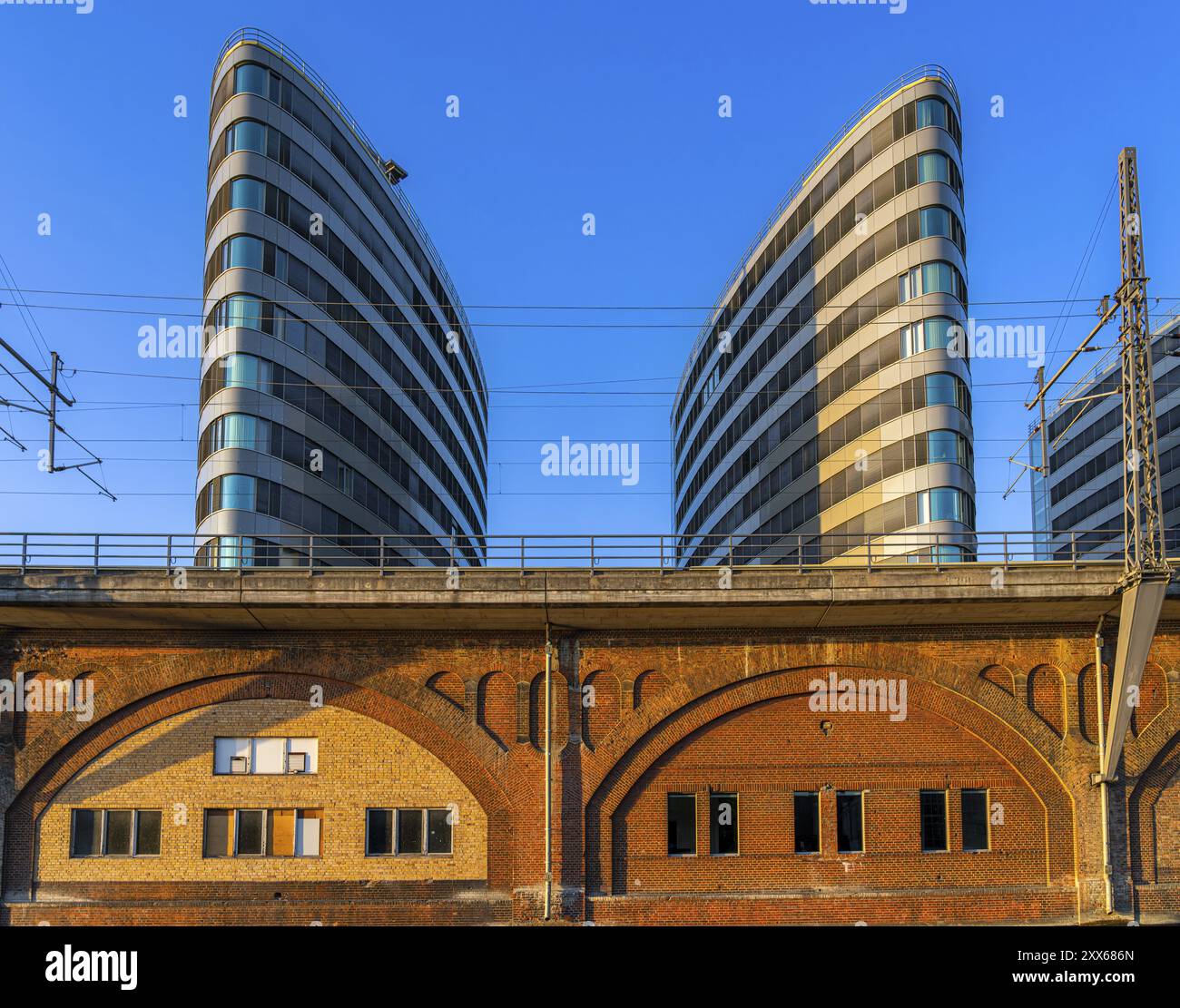 Evening sun, high-rise buildings of the BVG customer centre on ...