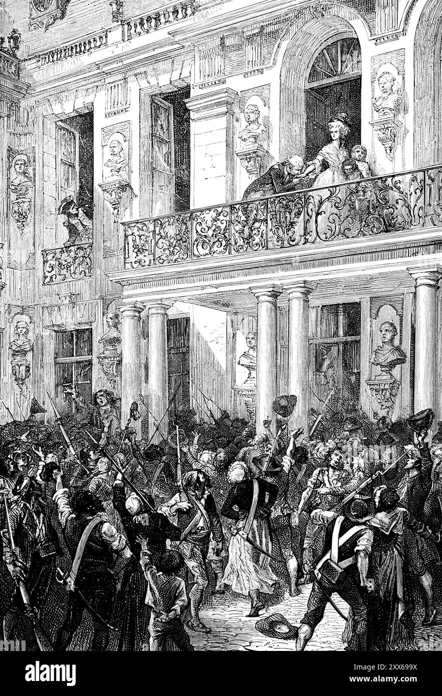 Lafayette saves the queen, Palace of Versailles, Paris, crowd, weapons ...
