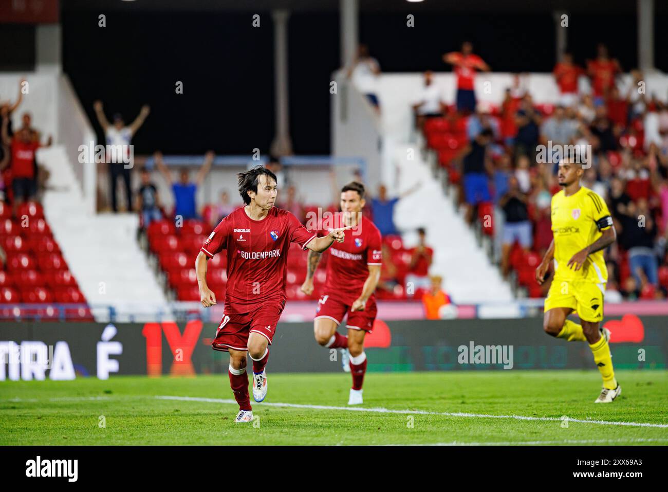 Kanya Fujimoto seen celebrating after scored goal during Liga Portugal game between teams of Gil ...