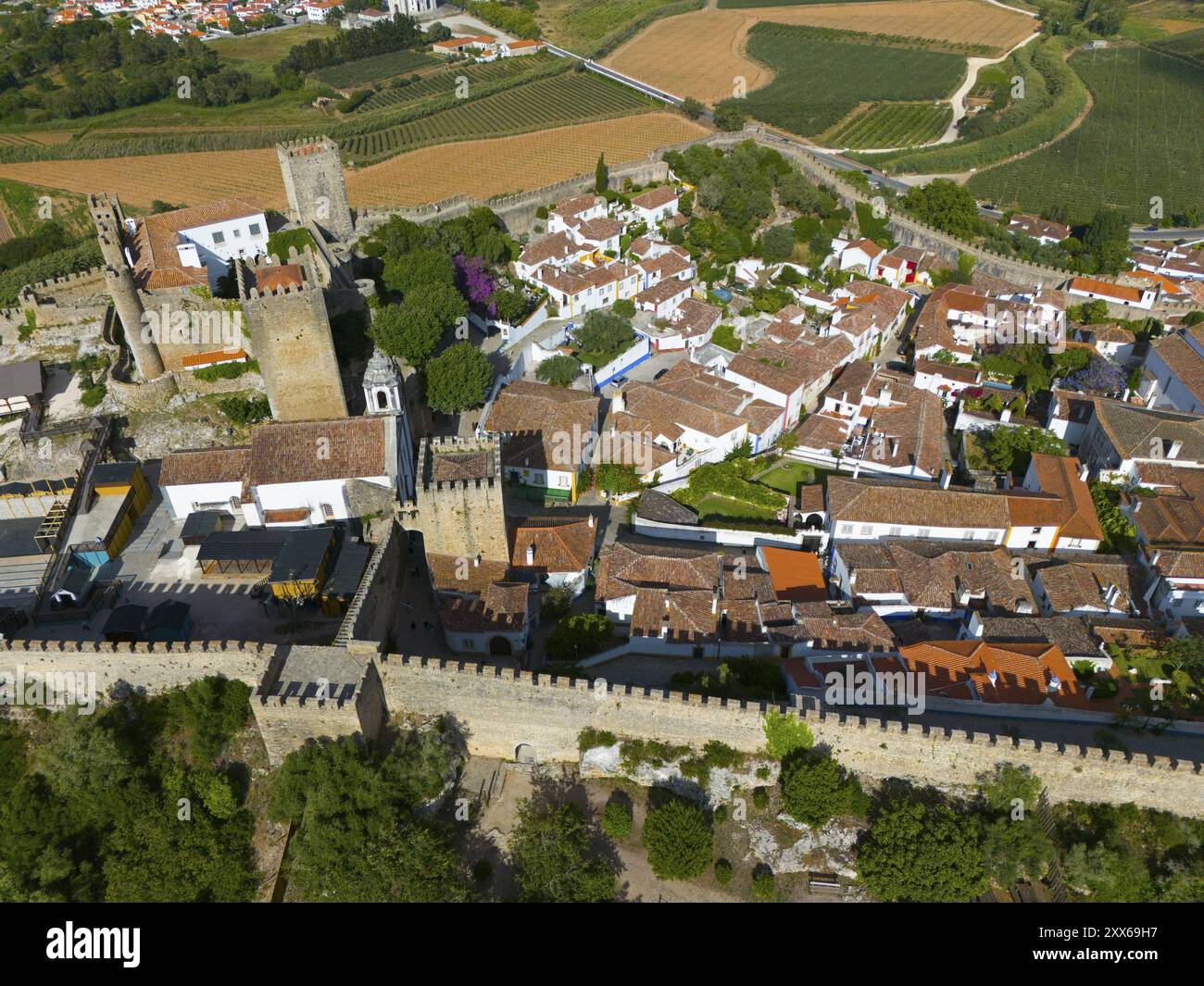 Aerial view of a medieval town with a fortress surrounded by green ...
