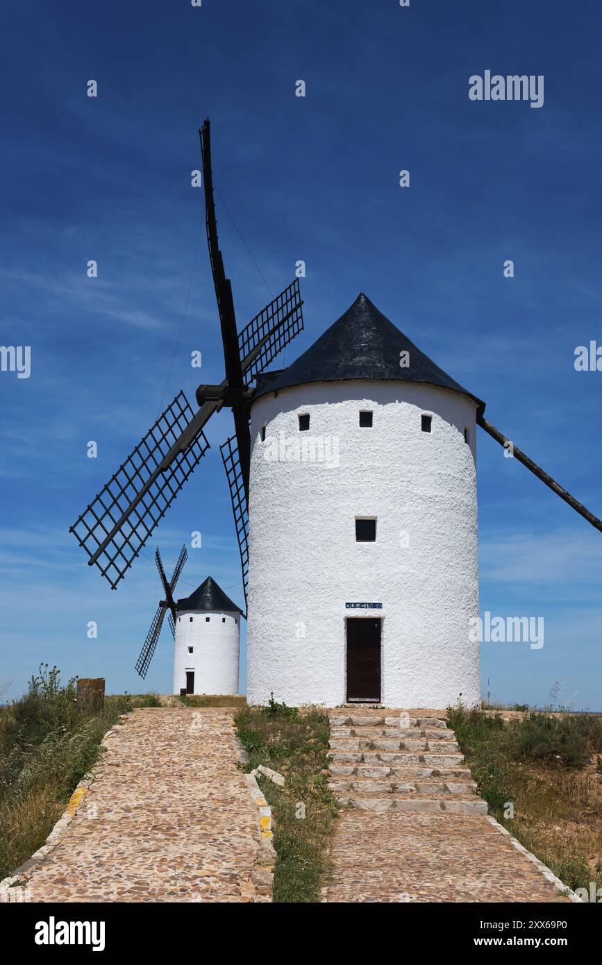 Two white windmills stand under a clear blue sky, embedded in a natural ...