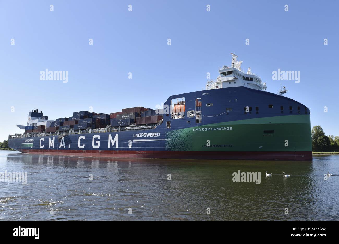 Container ship CMA CGM Ermitage sailing in the Kiel Canal, Kiel Canal, Schleswig-Holstein ...