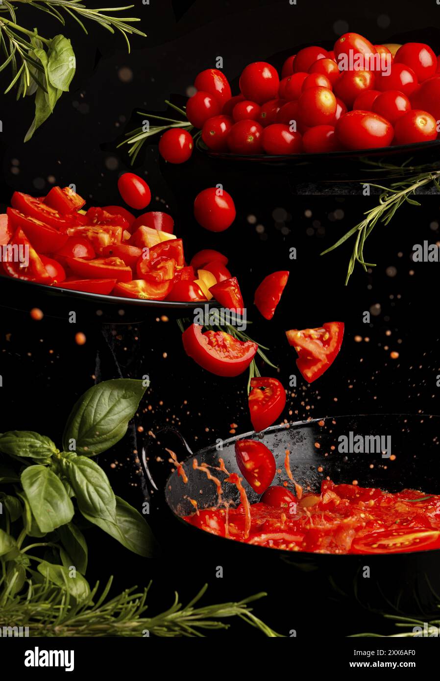 Flying tomatoes, whole and sliced, splash effect in tomato sauce ...