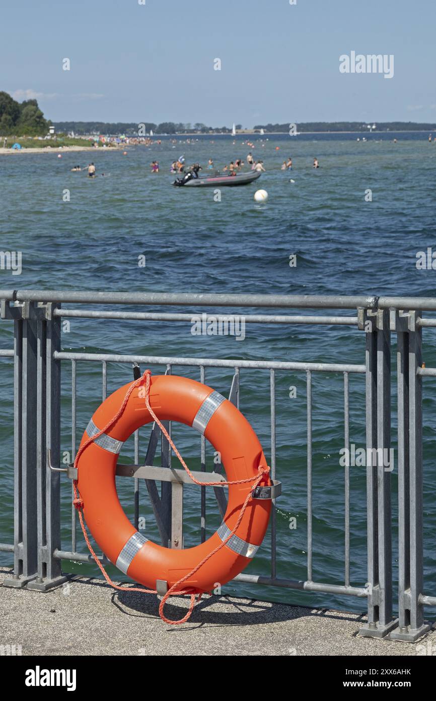 Lifebuoy, ferry pier, inflatable boat, people, Falckenstein, Kiel, Kiel ...