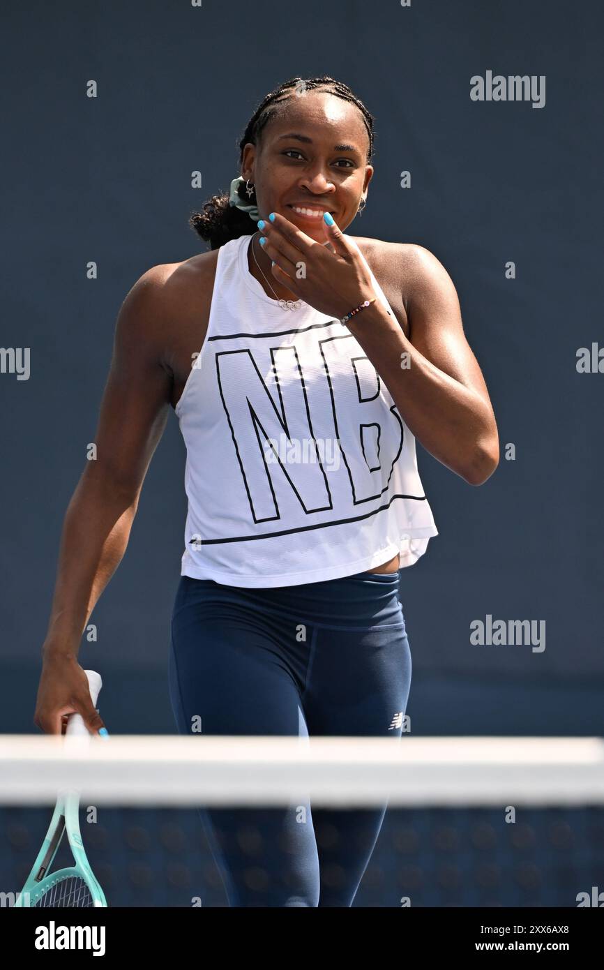 Flushing NY, USA. 22nd Aug, 2024. Coco Gauff is seen on the practice ...