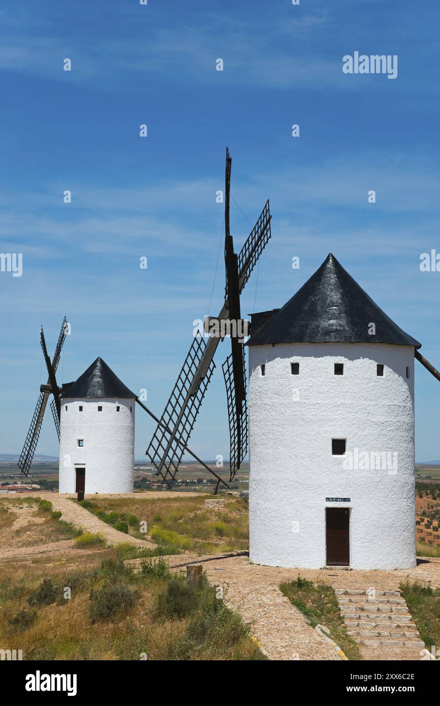 Two white windmills with black roofs and paths surrounded by dry ...