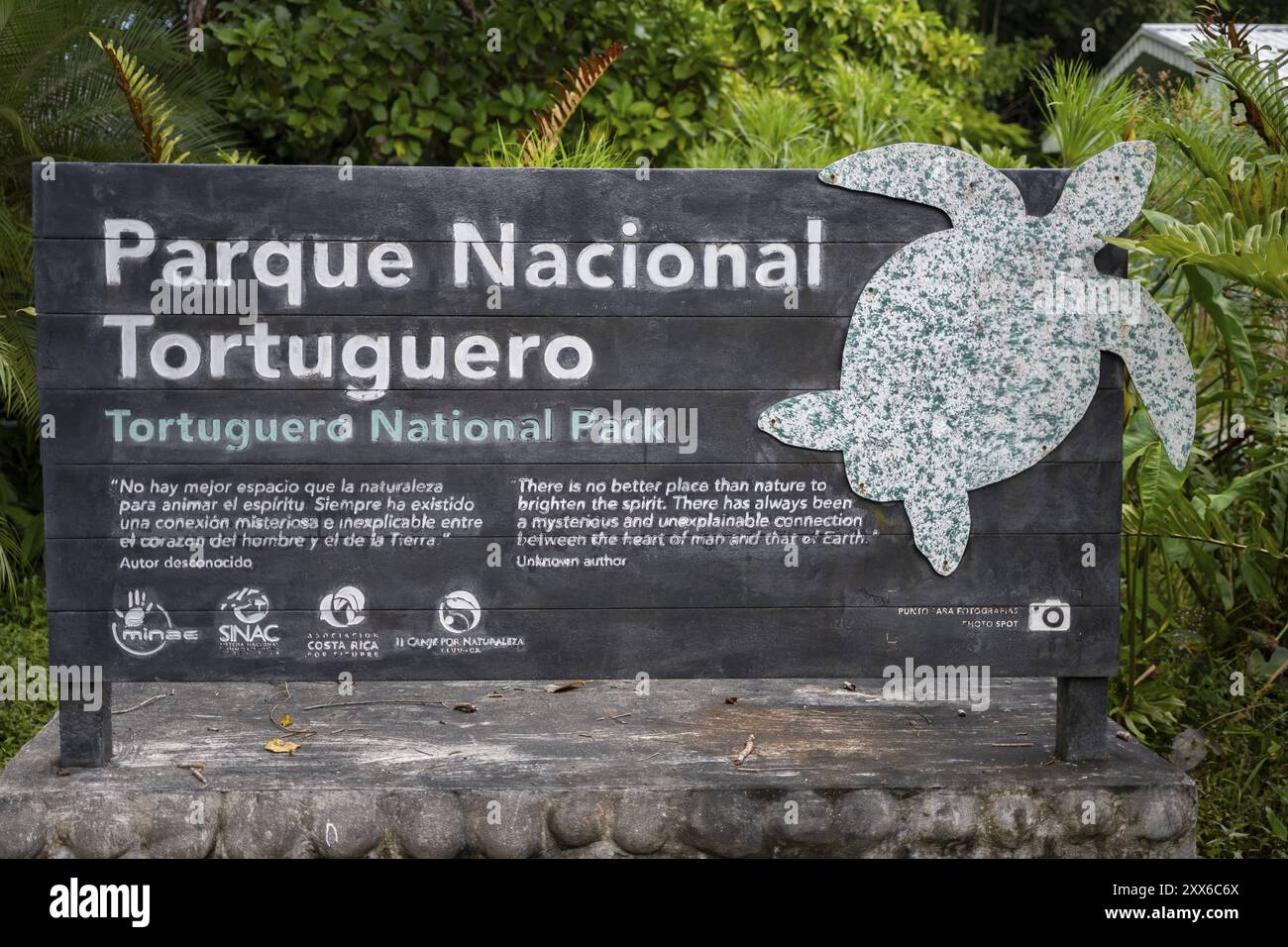 Entrance sign, sign, Tortuguero National Park, Costa Rica, Central ...