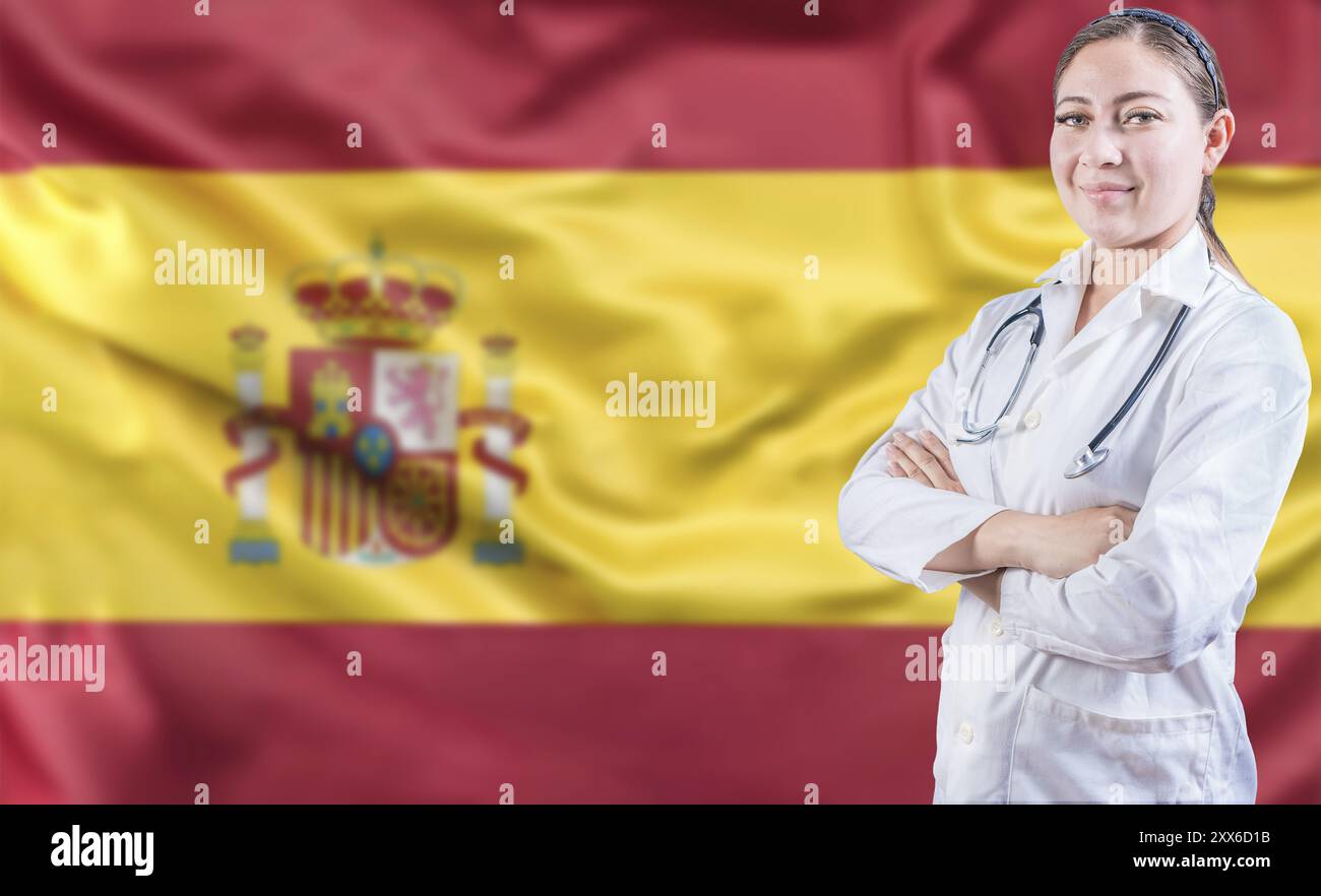 Spanish Health and Care concept. Portrait of female doctor on Spain ...