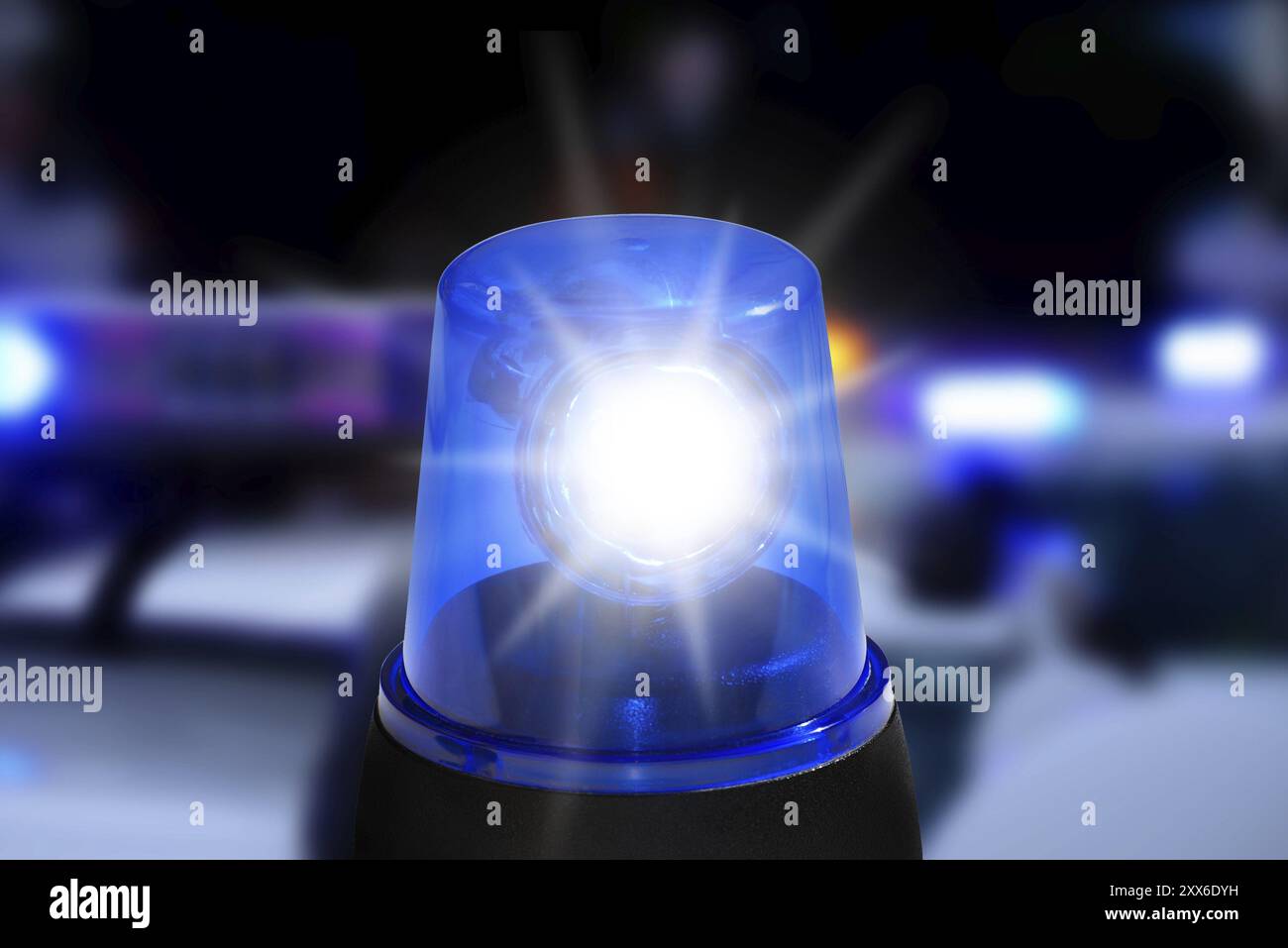 Blue light police siren with flashing light background with emergency ...