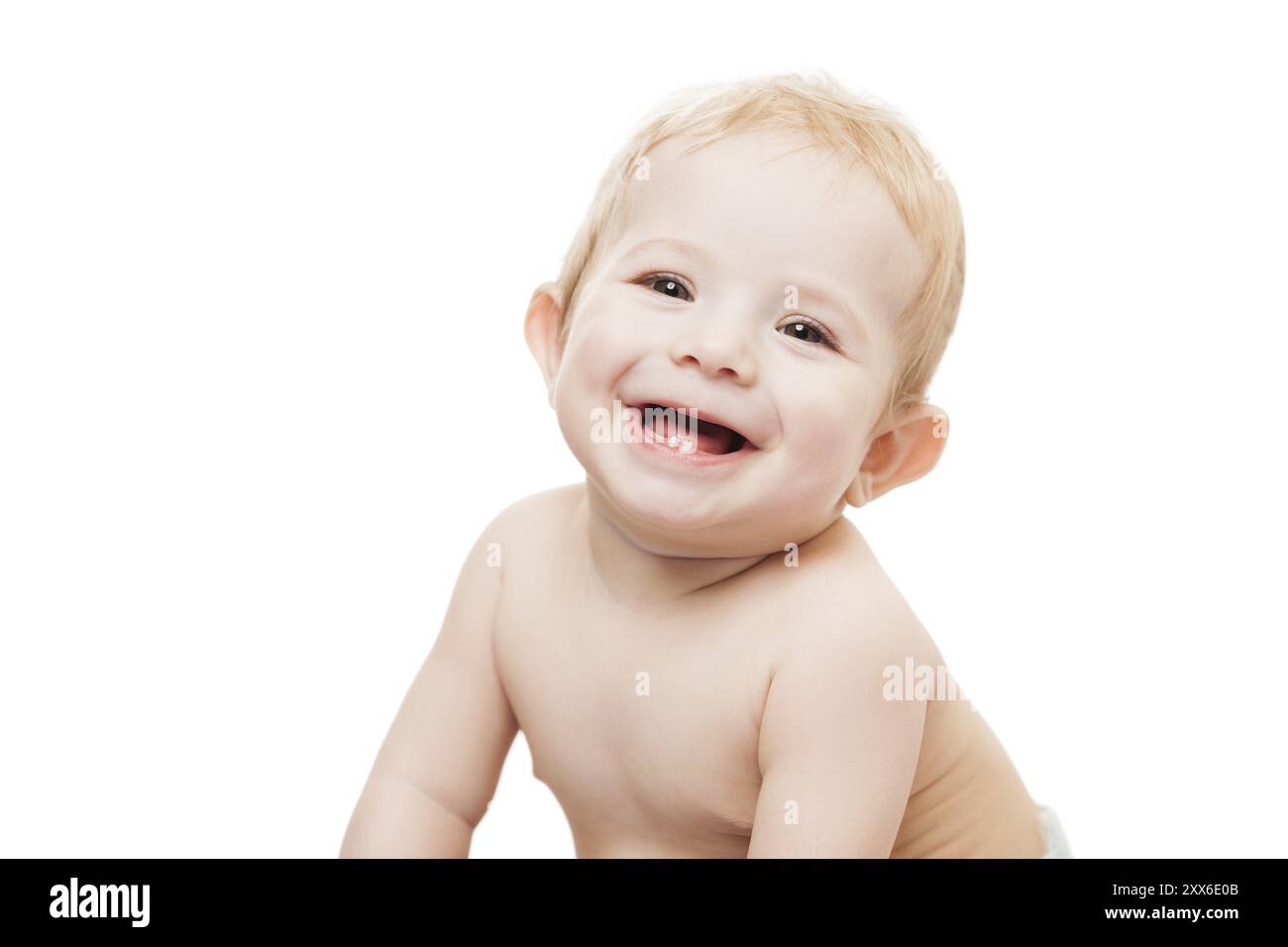 Little cute newborn baby child first milk or temporary teeth smiling ...