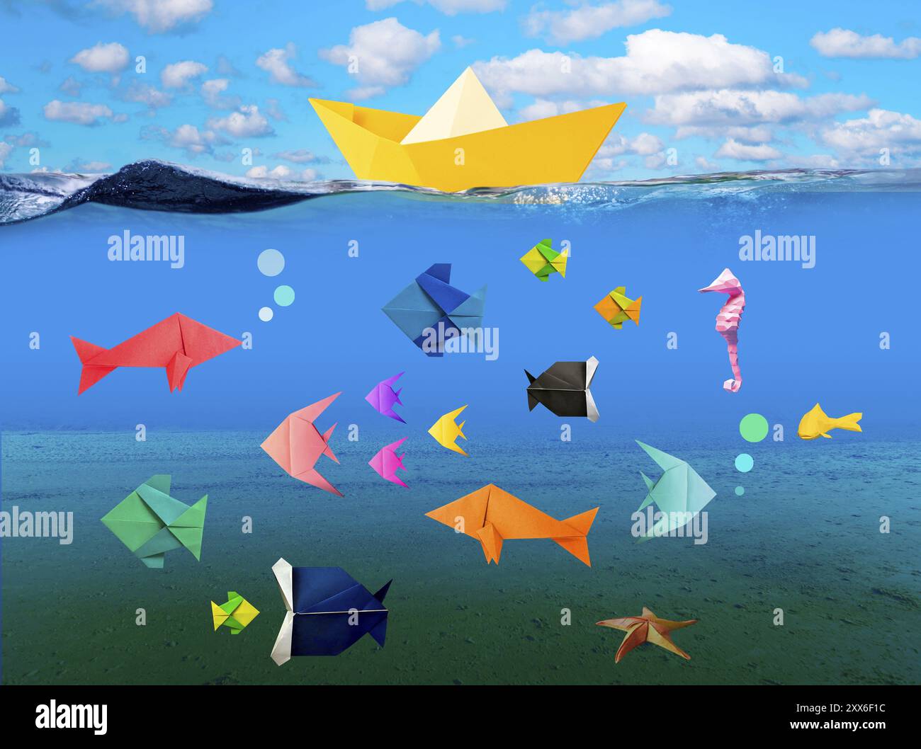 Paper-folded fish and boat, origami underwater world Stock Photo - Alamy