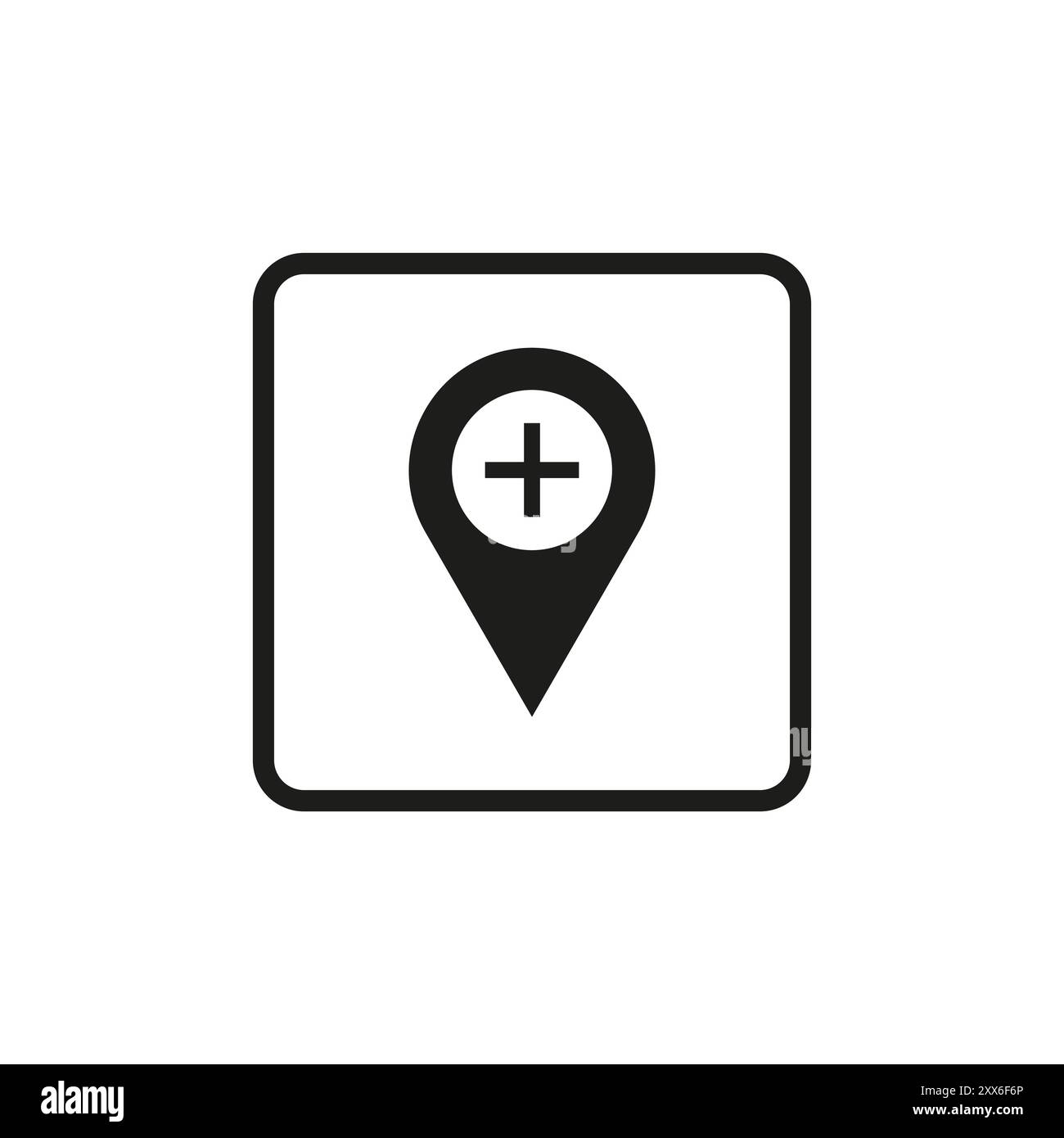 Location icon. Black and white vector illustration. Map pin with plus ...