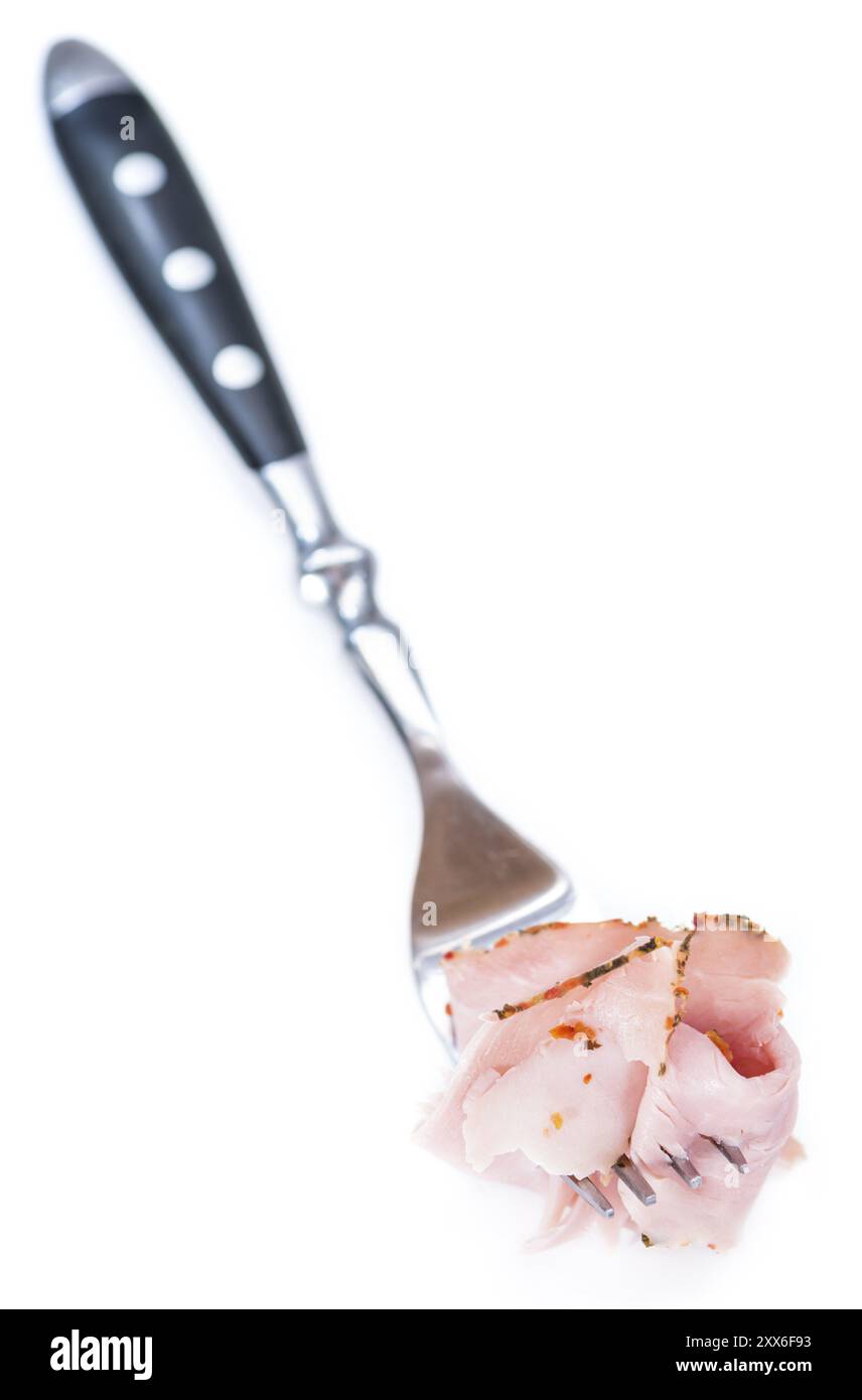 Ham on a fork isolated on pure white background Stock Photo - Alamy