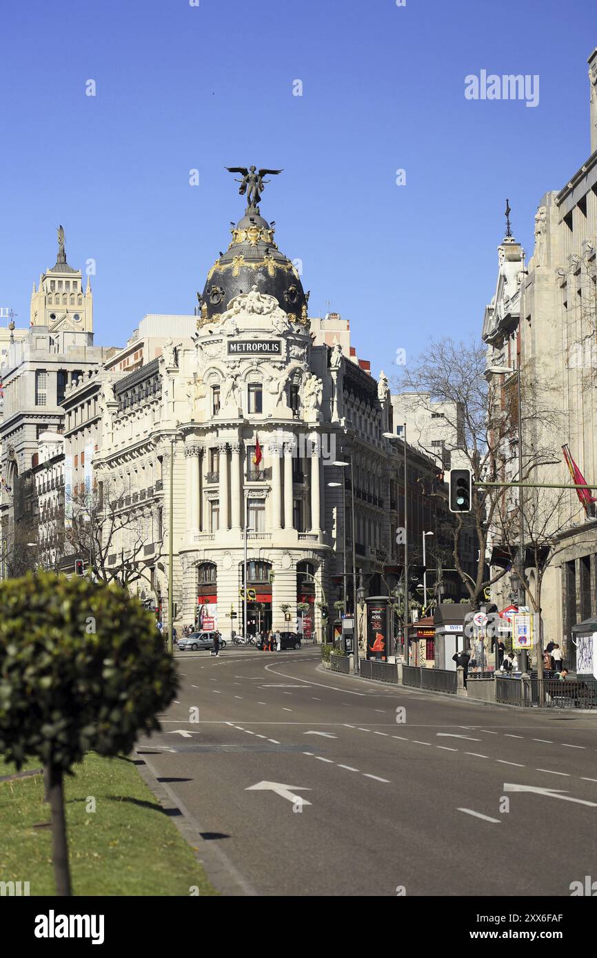 The city center of Madrid, Spain. View of the Gran Via and one of the ...