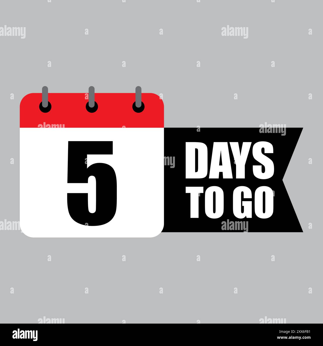 Countdown calendar icon. Bold 5 days to go text. Red and black color ...