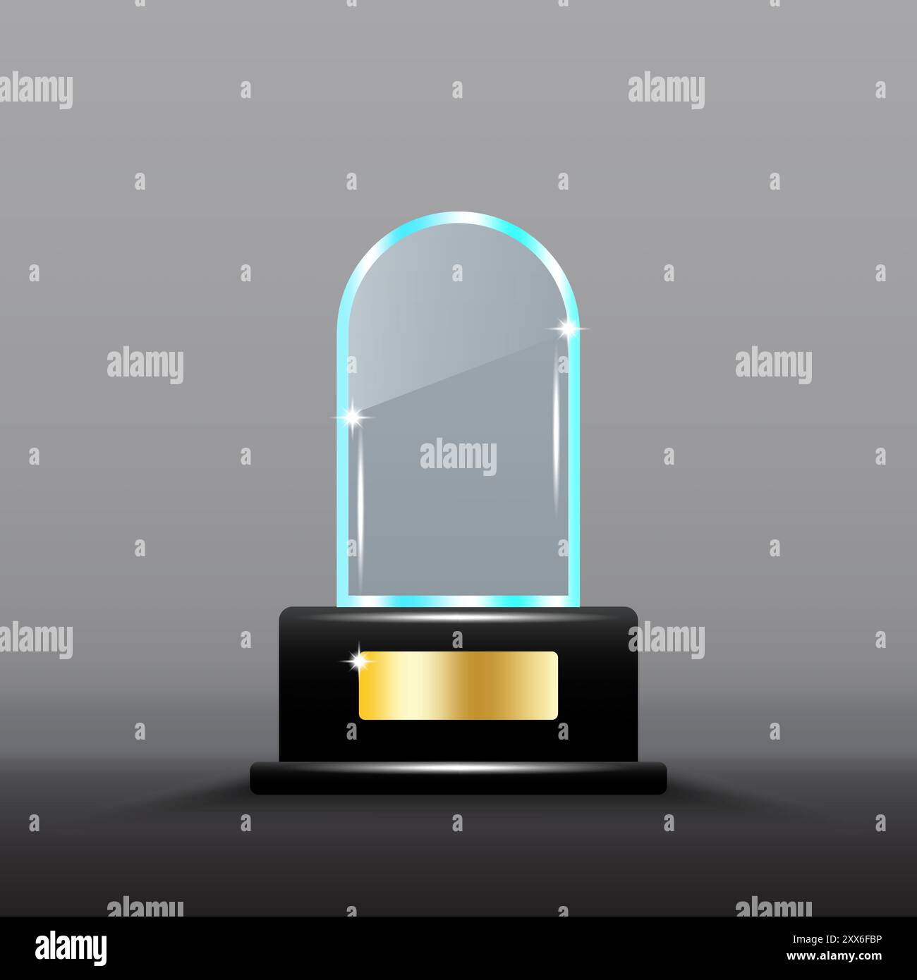 Glass award trophy. Golden nameplate detail. Shining light reflections ...