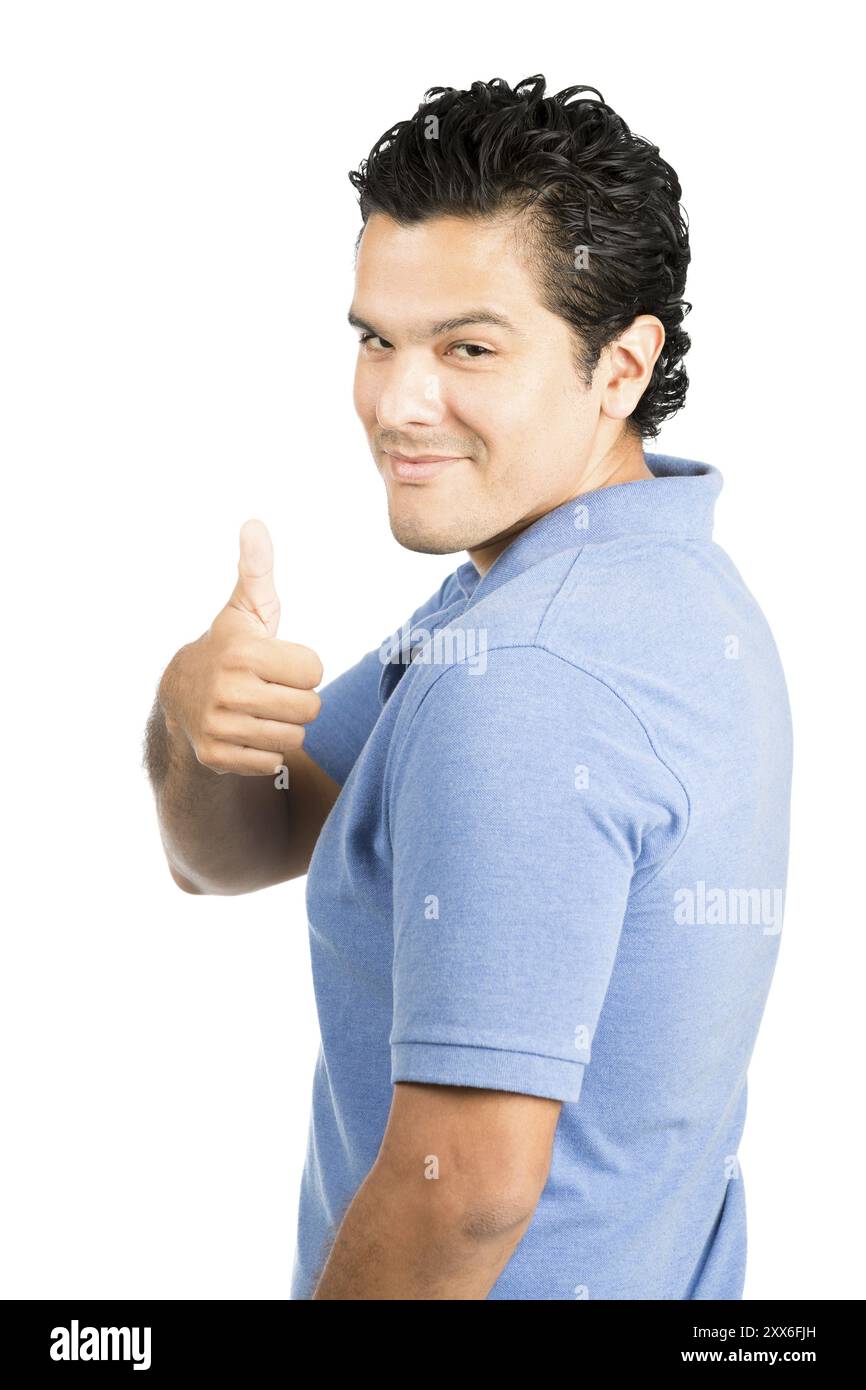 Handsome hispanic man back turned, rear view casually dressed in blue ...