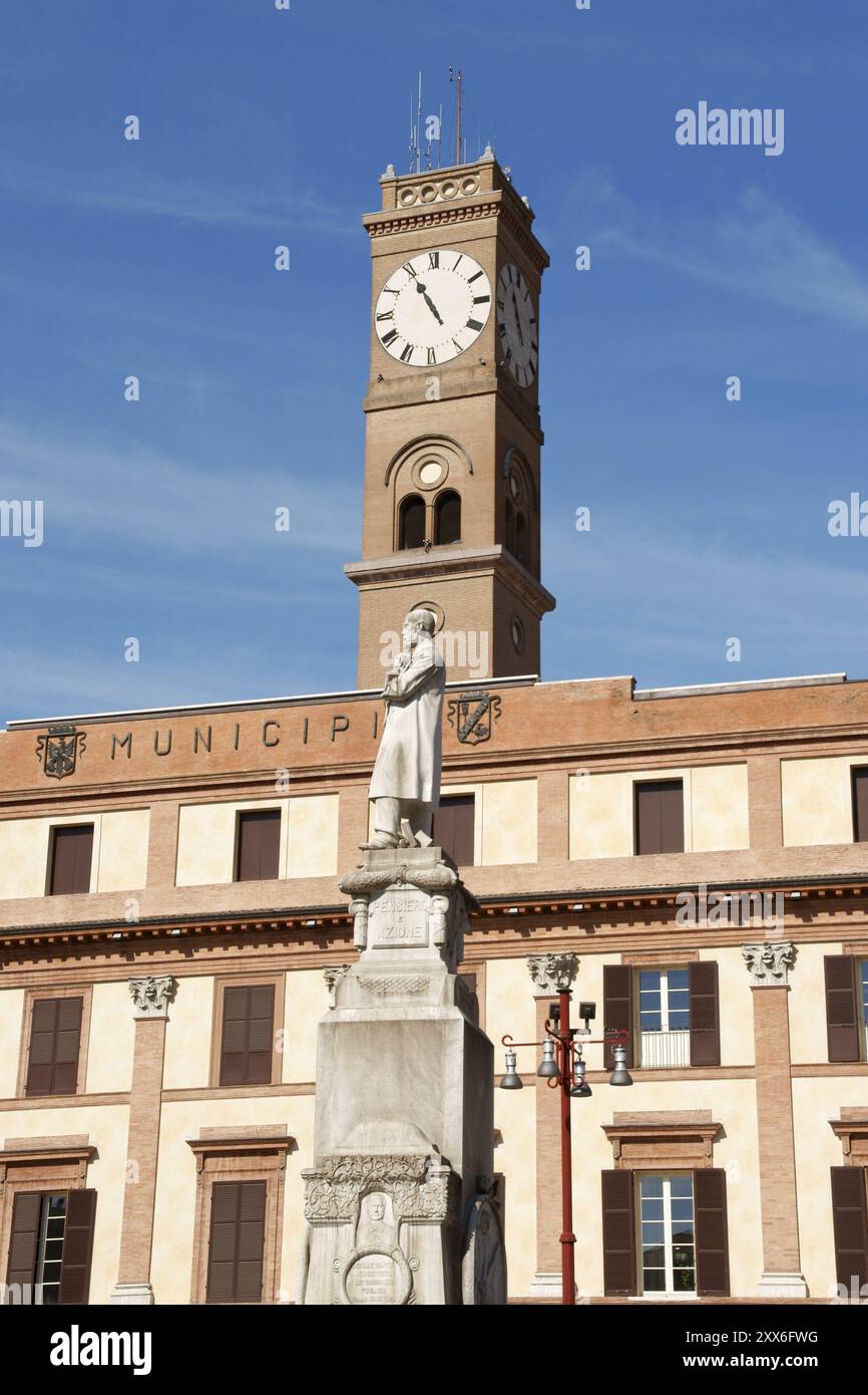 Detail of the Town Hall in Forli (Forum Livii), the civic tower in the ...