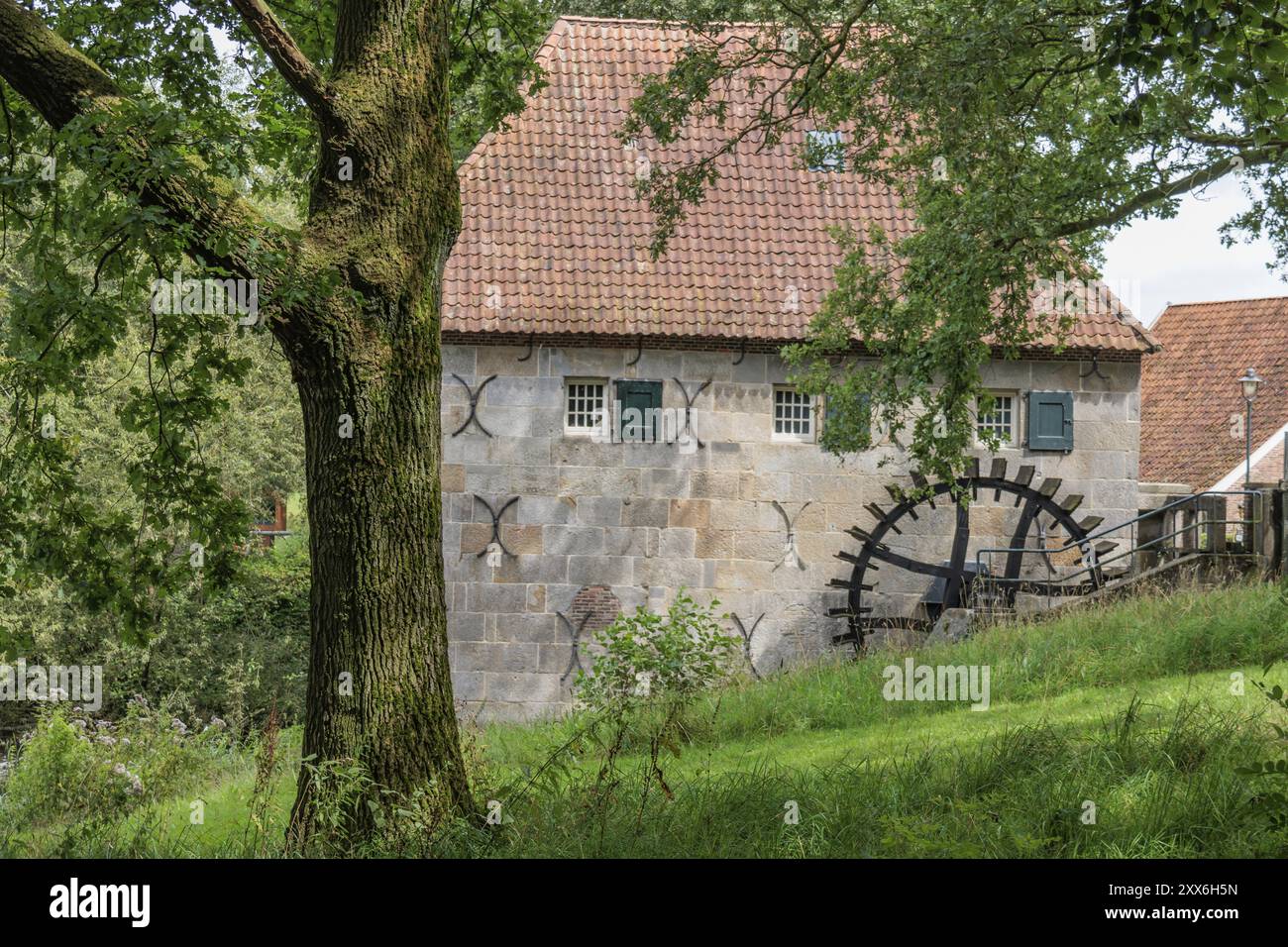 A historic mill building with a large wooden wheel next to a tree ...