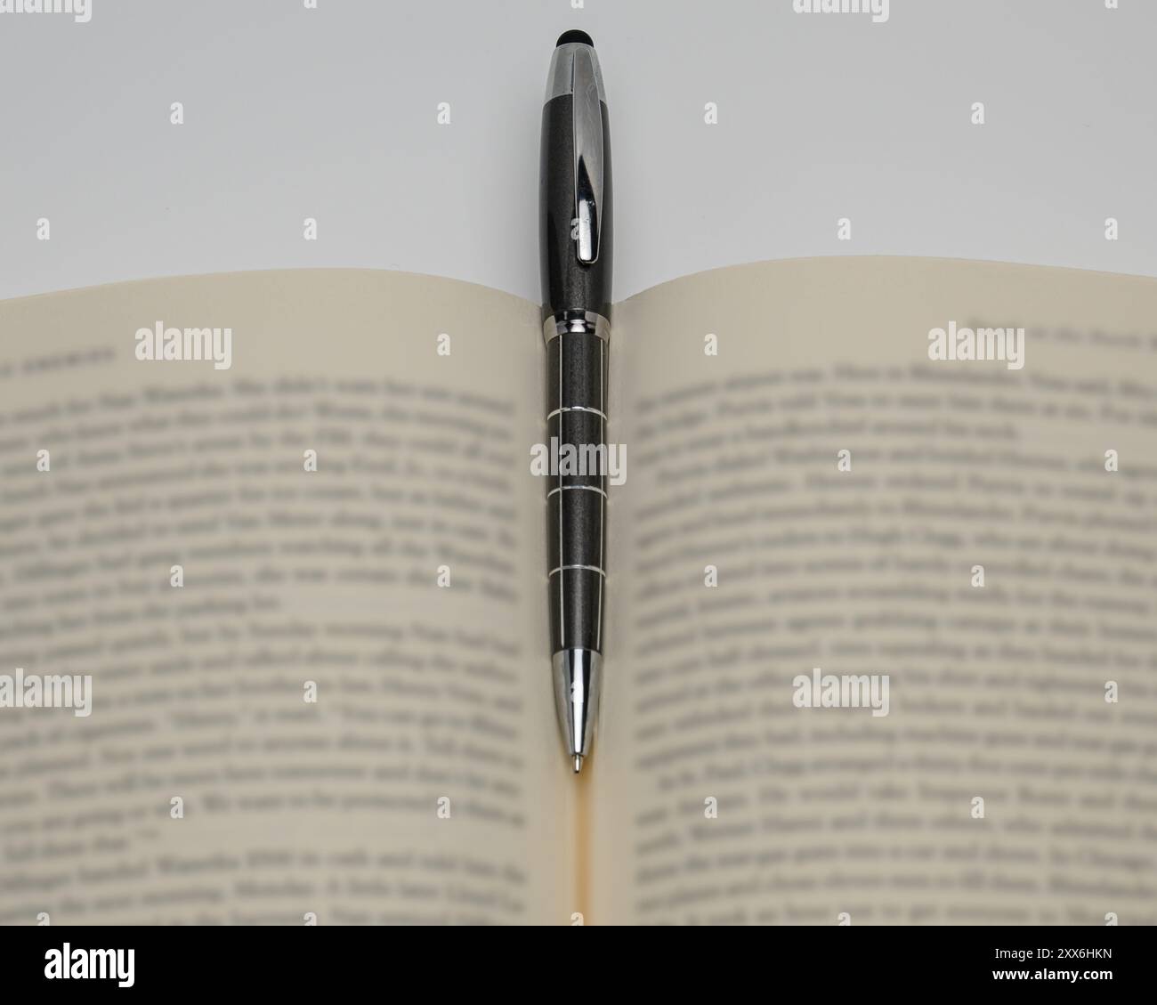 Decorative ball point pen laying in crease of open book. Book pages are ...